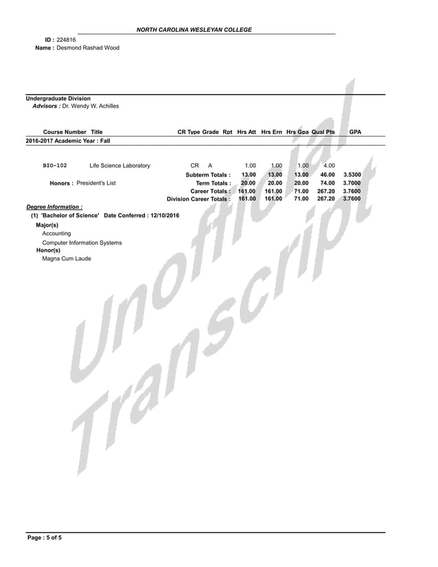 Unofficial Transcript | PDF