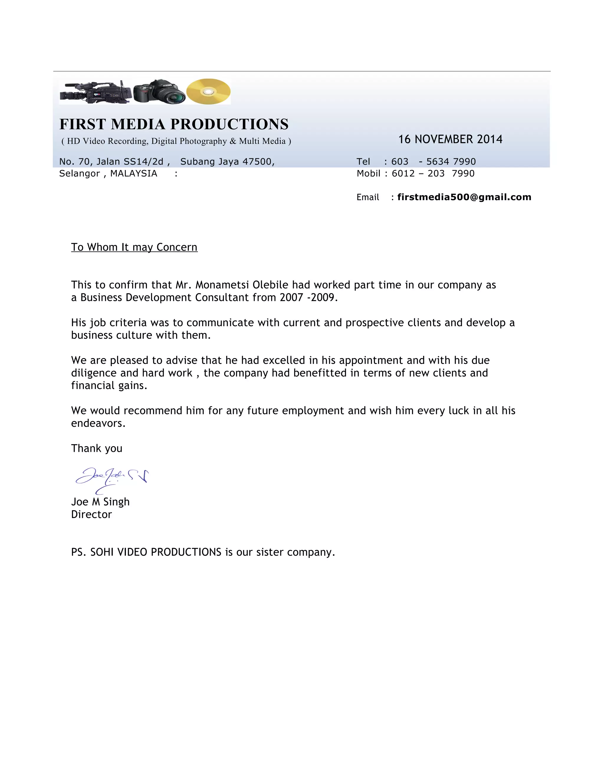 Ref Letter for Monametsi Olebile Nov 2014.d | DOC | Business | Business and Finance