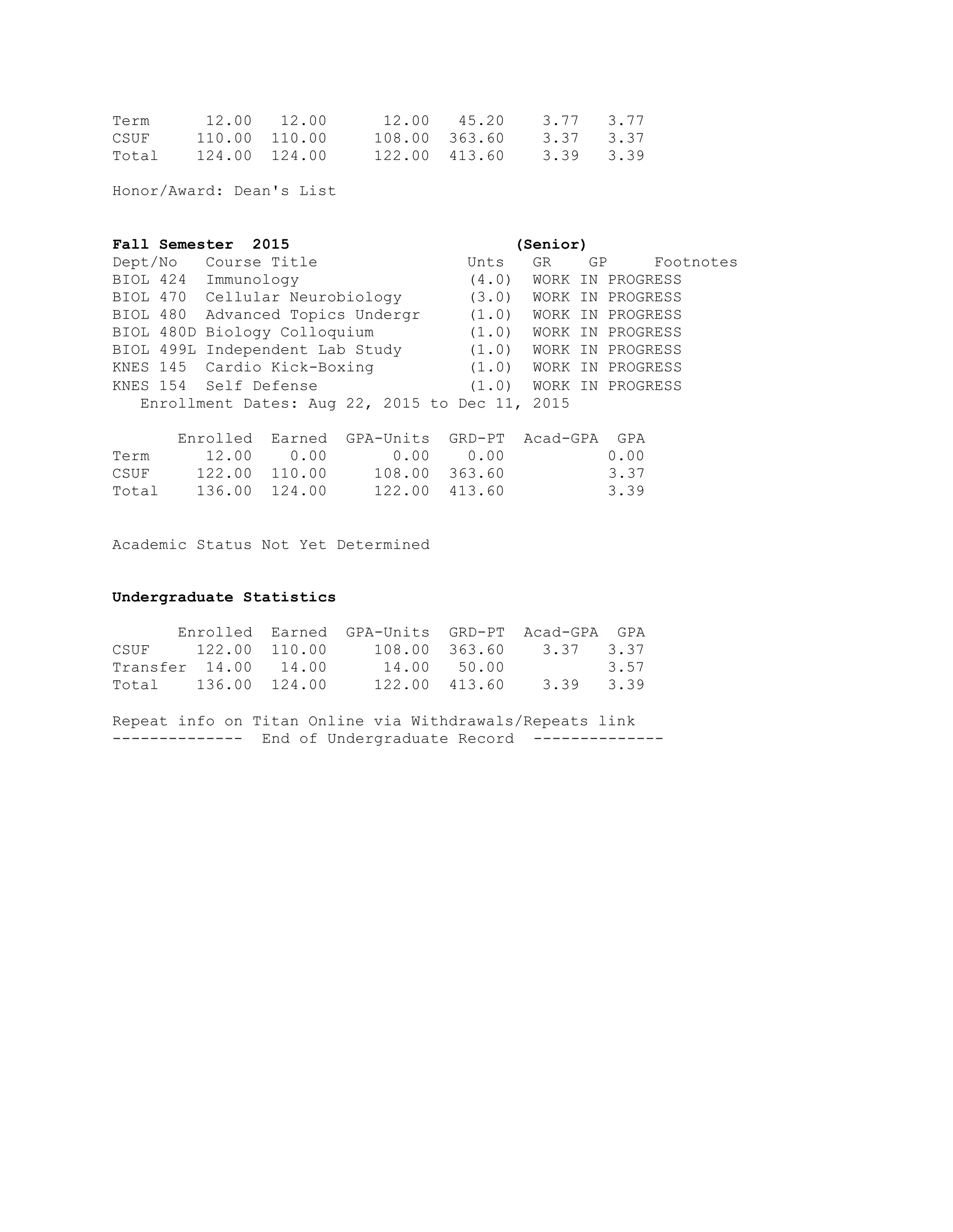 UNOFFICIAL STUDENT ACADEMIC RECORD_2015_Jacoby | DOCX | Undergraduate Education | College Education