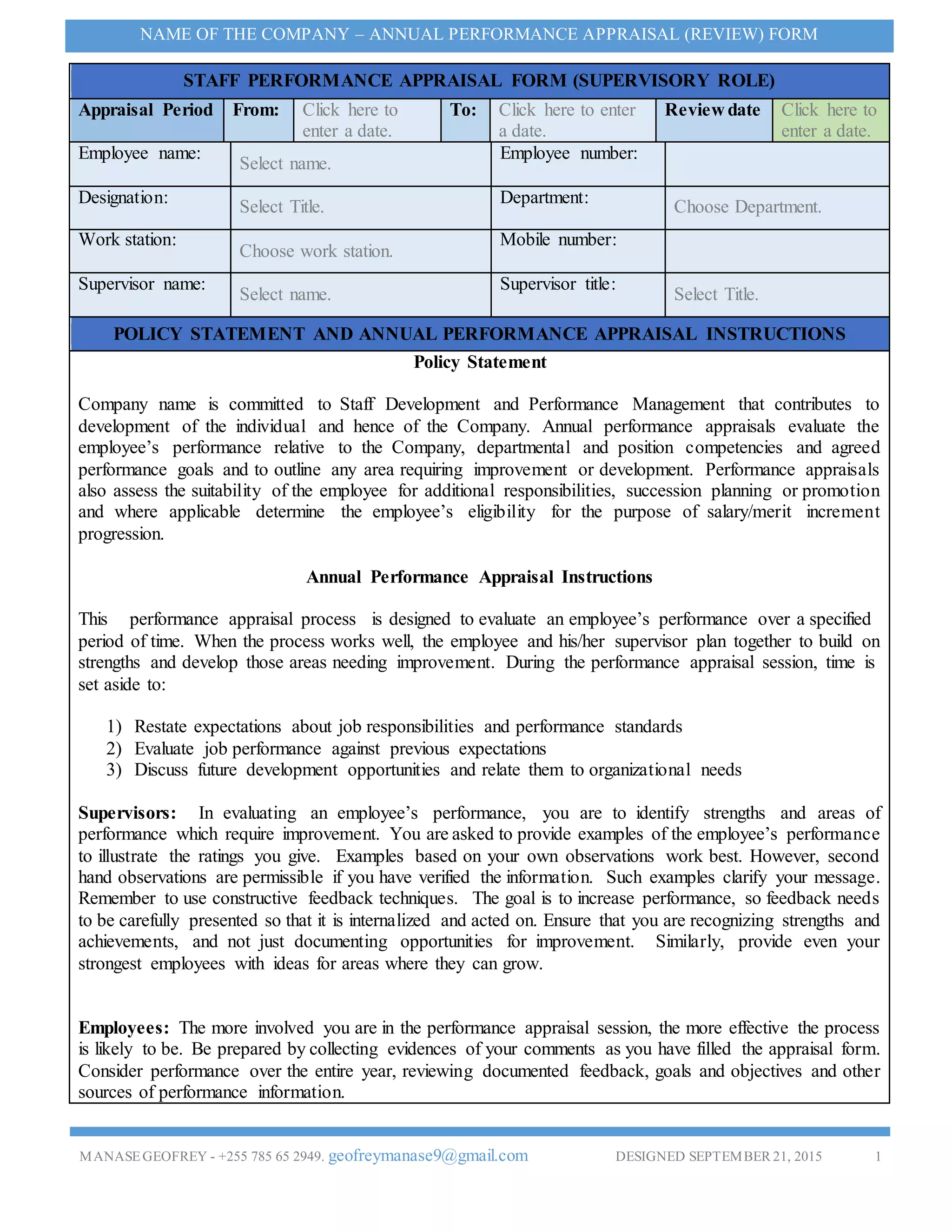 Sample Performance Appraisal Form | DOCX
