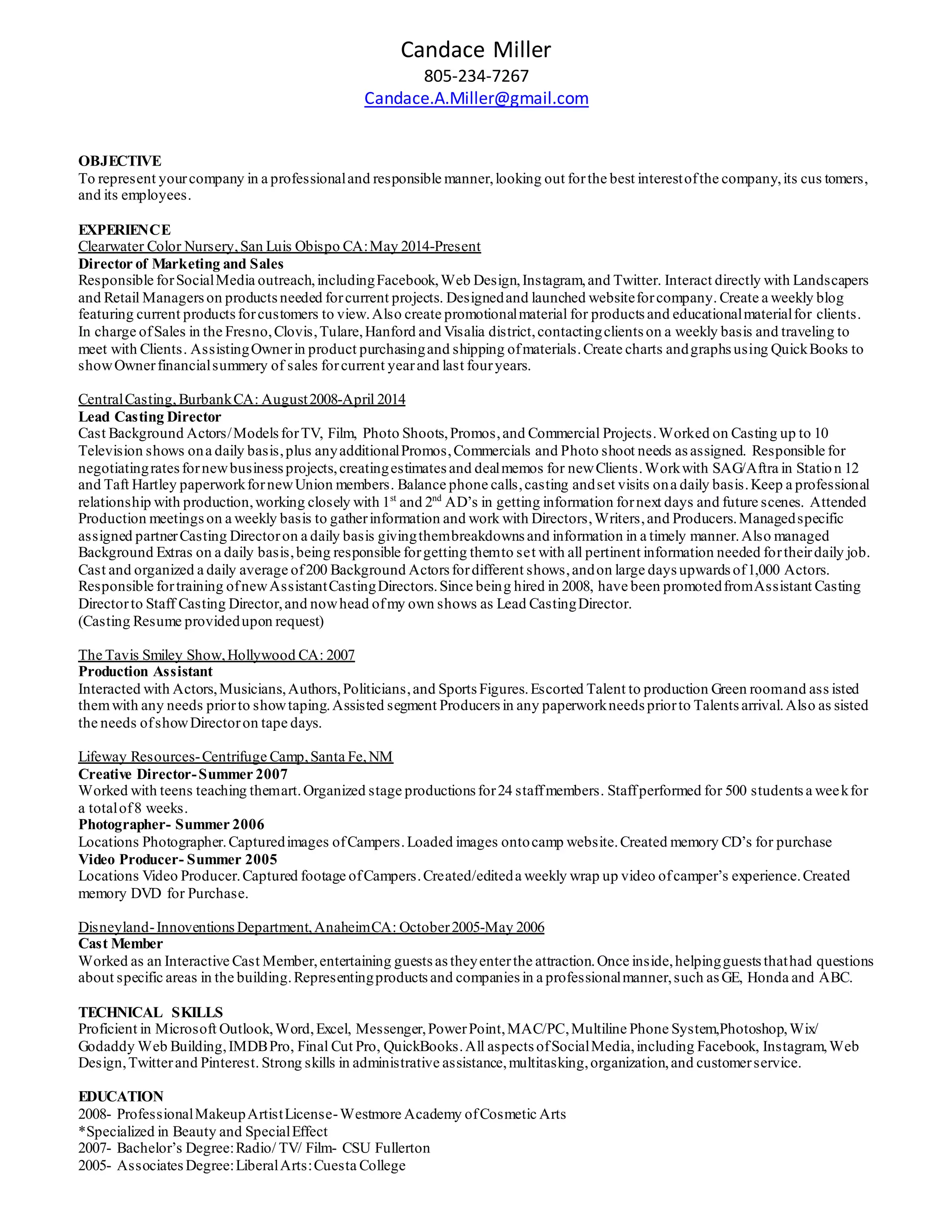 Candace Miller Resume | DOCX | Television | Entertainment