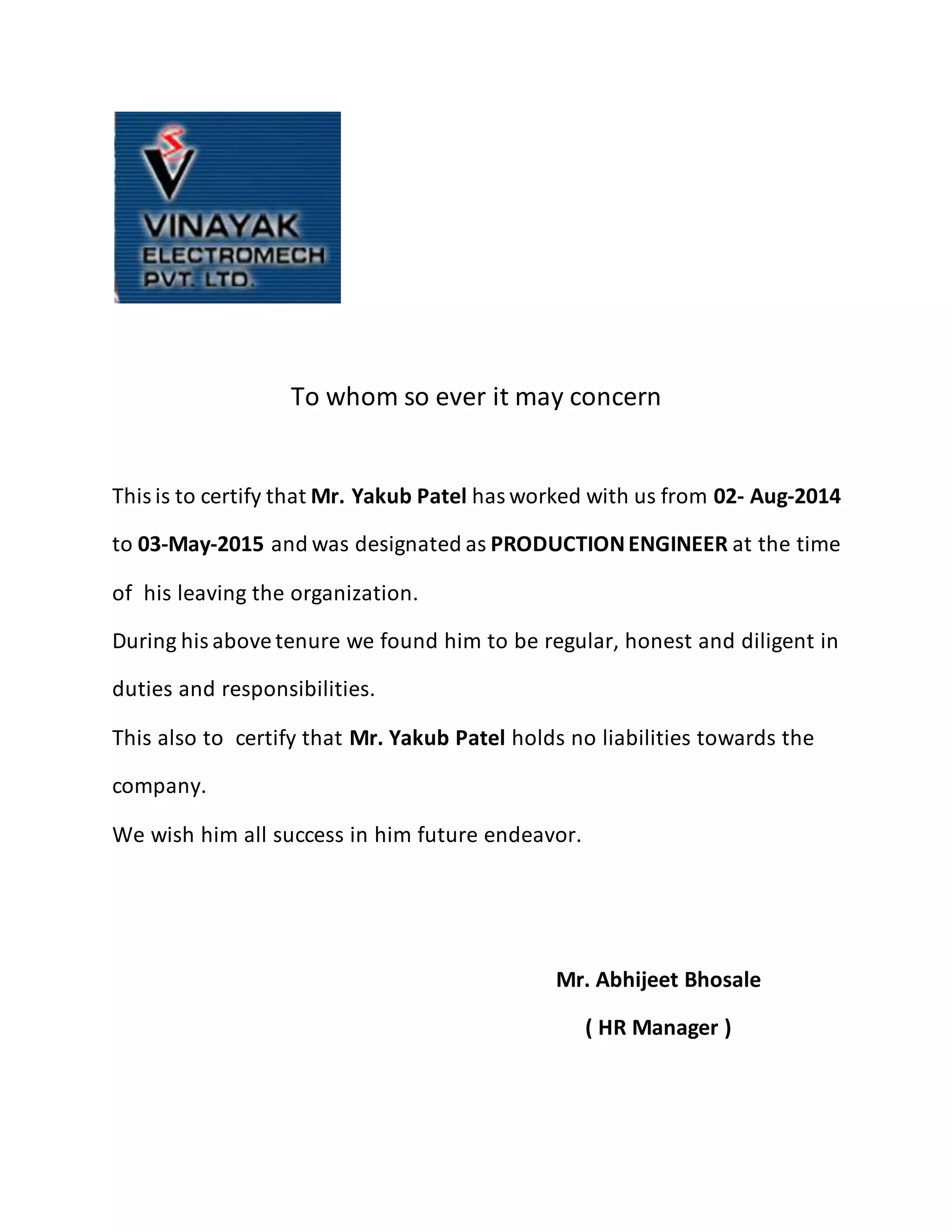 experience letter yaksi | DOCX