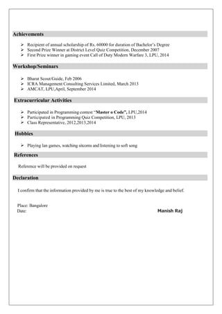 Manish_Reume | PDF | Programming Languages | Computing