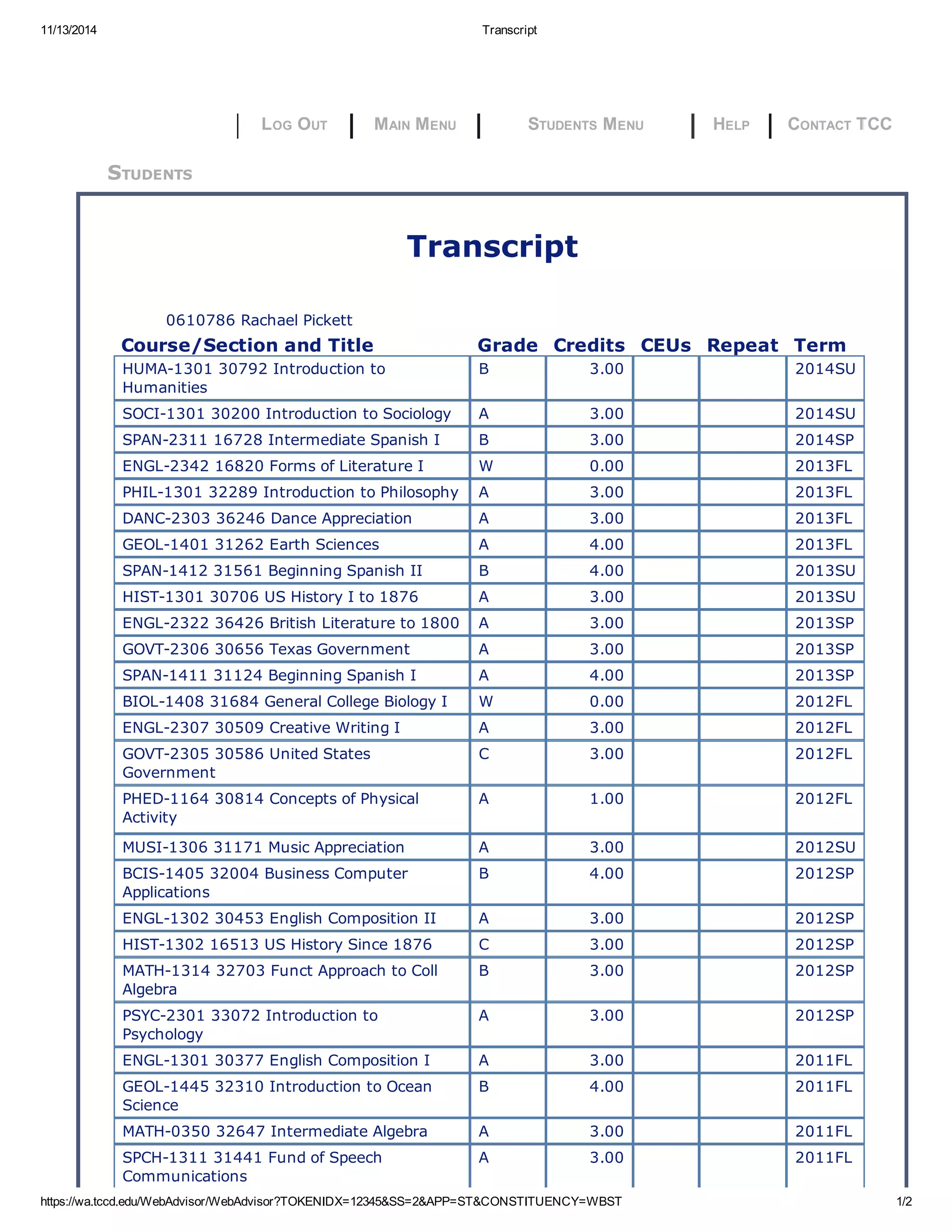 Transcript TCC pdf | PDF | Undergraduate Education | College Education