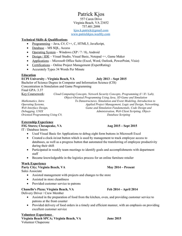 Patrick_Kjos_Resume | DOC | Programming Languages | Computing