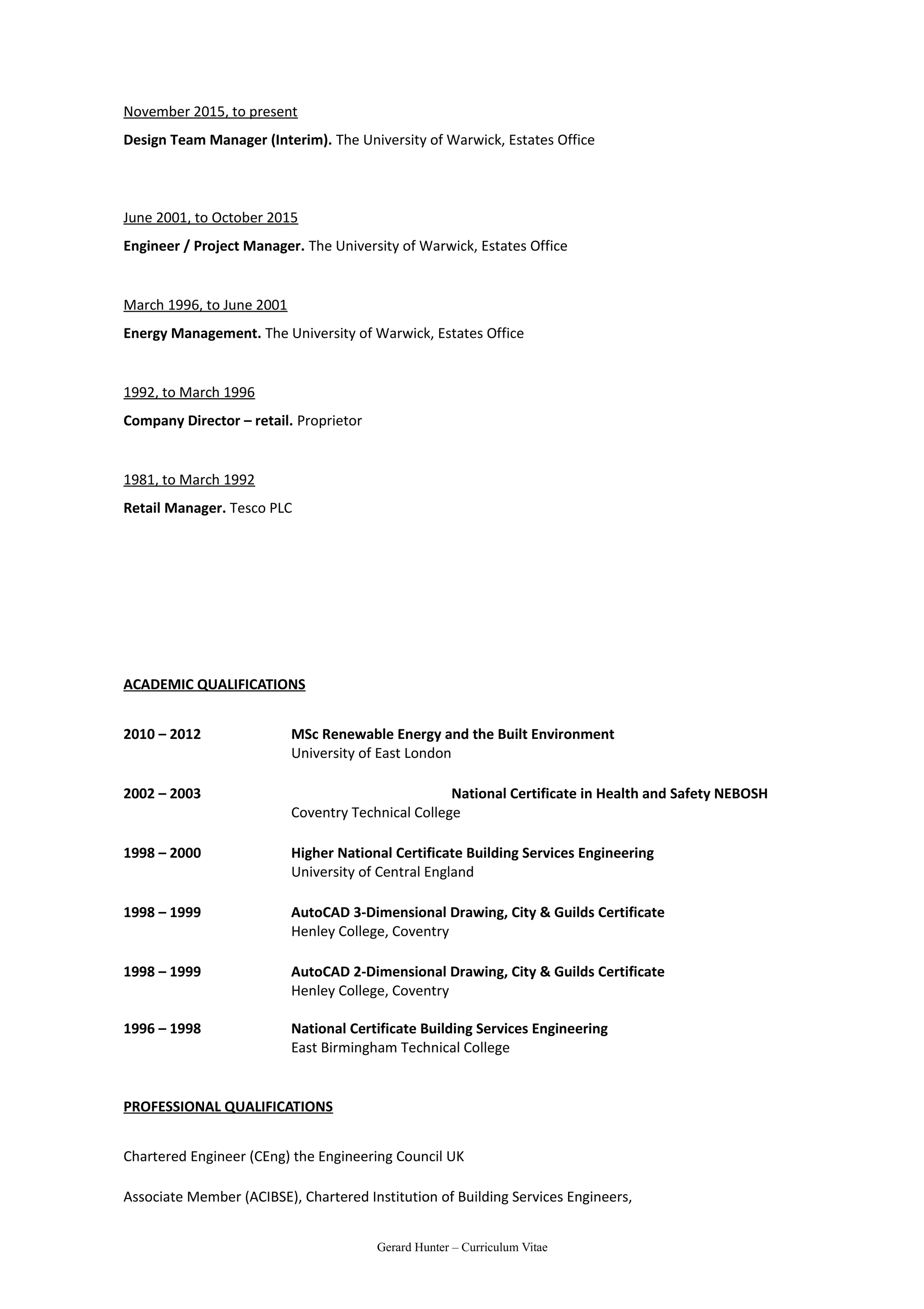 Gerard Hunter Curriculum Vitae | PDF