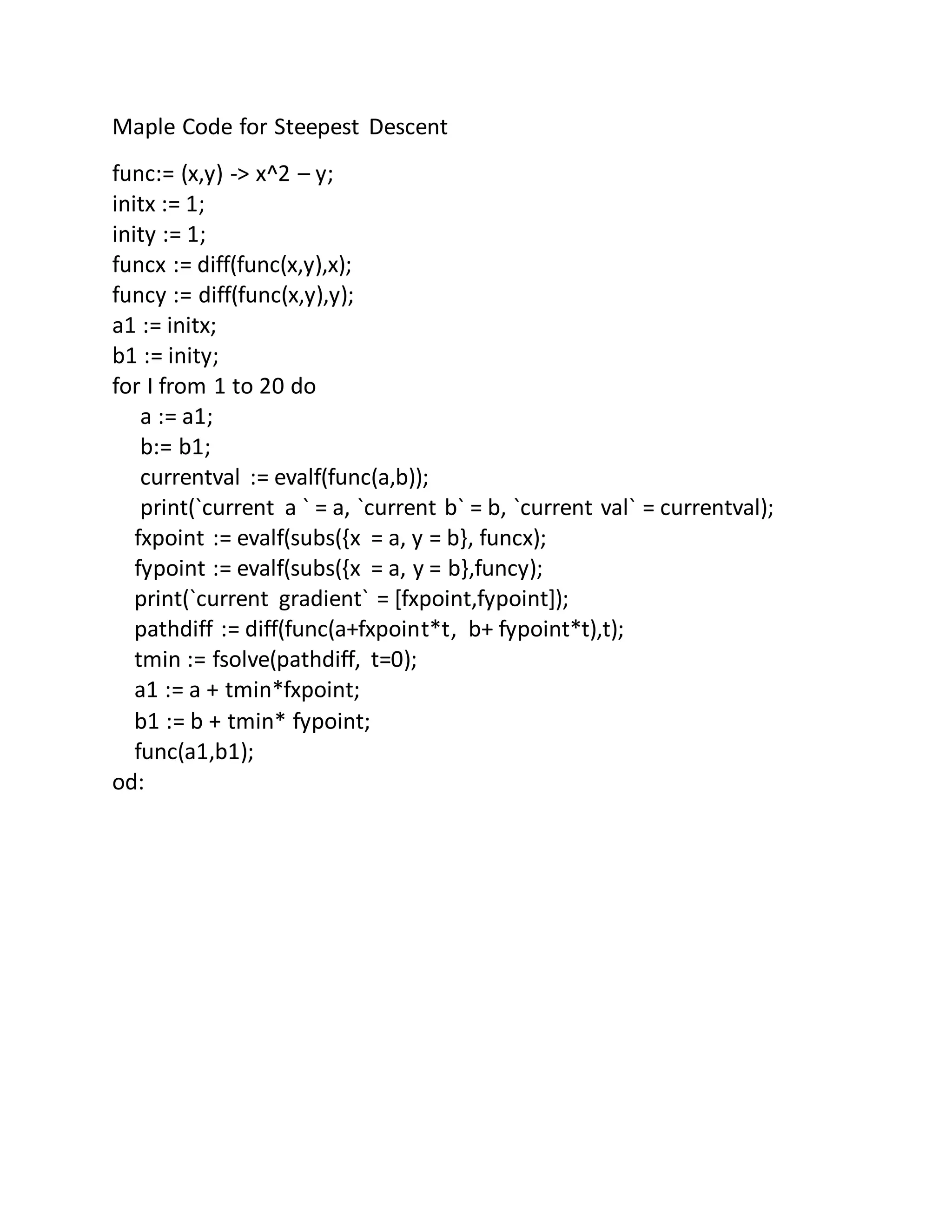 Maple Code for Steepest Descent | DOCX