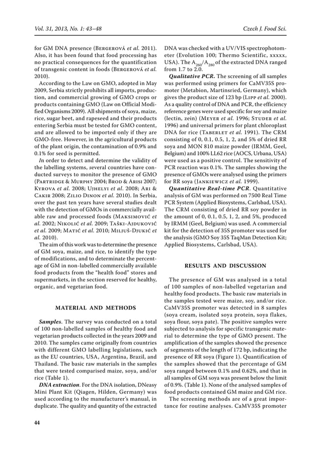 Detection of genetically modified soya, maize, and rice in vegetarian and healthy food products ...