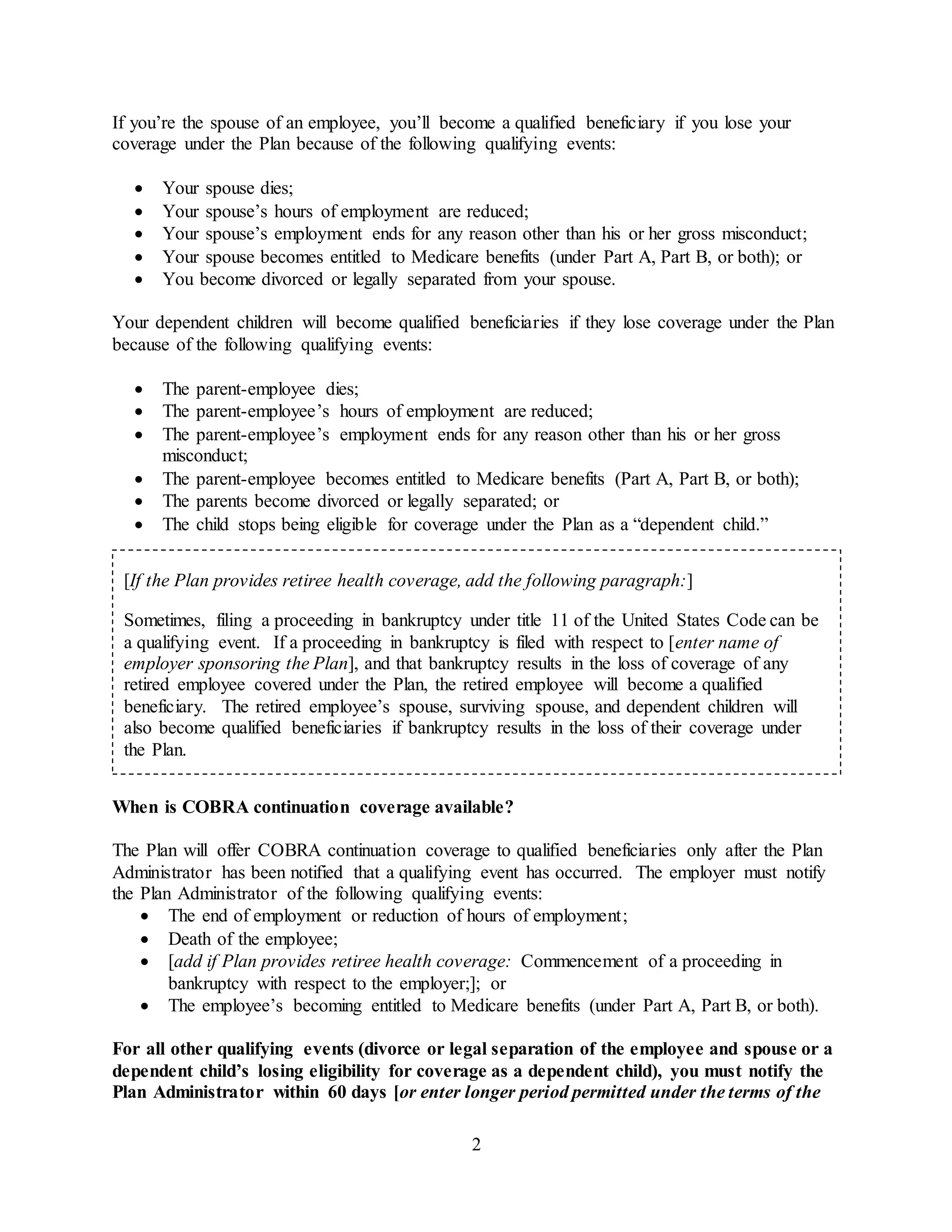 Model COBRA Continuation Coverage General Notice | PDF