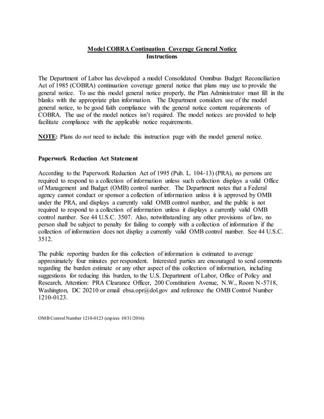 Model COBRA Continuation Coverage General Notice | PDF