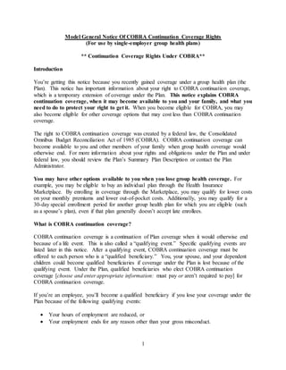 Model COBRA Continuation Coverage General Notice | PDF