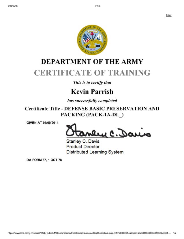 Army Certificate Of Training Template