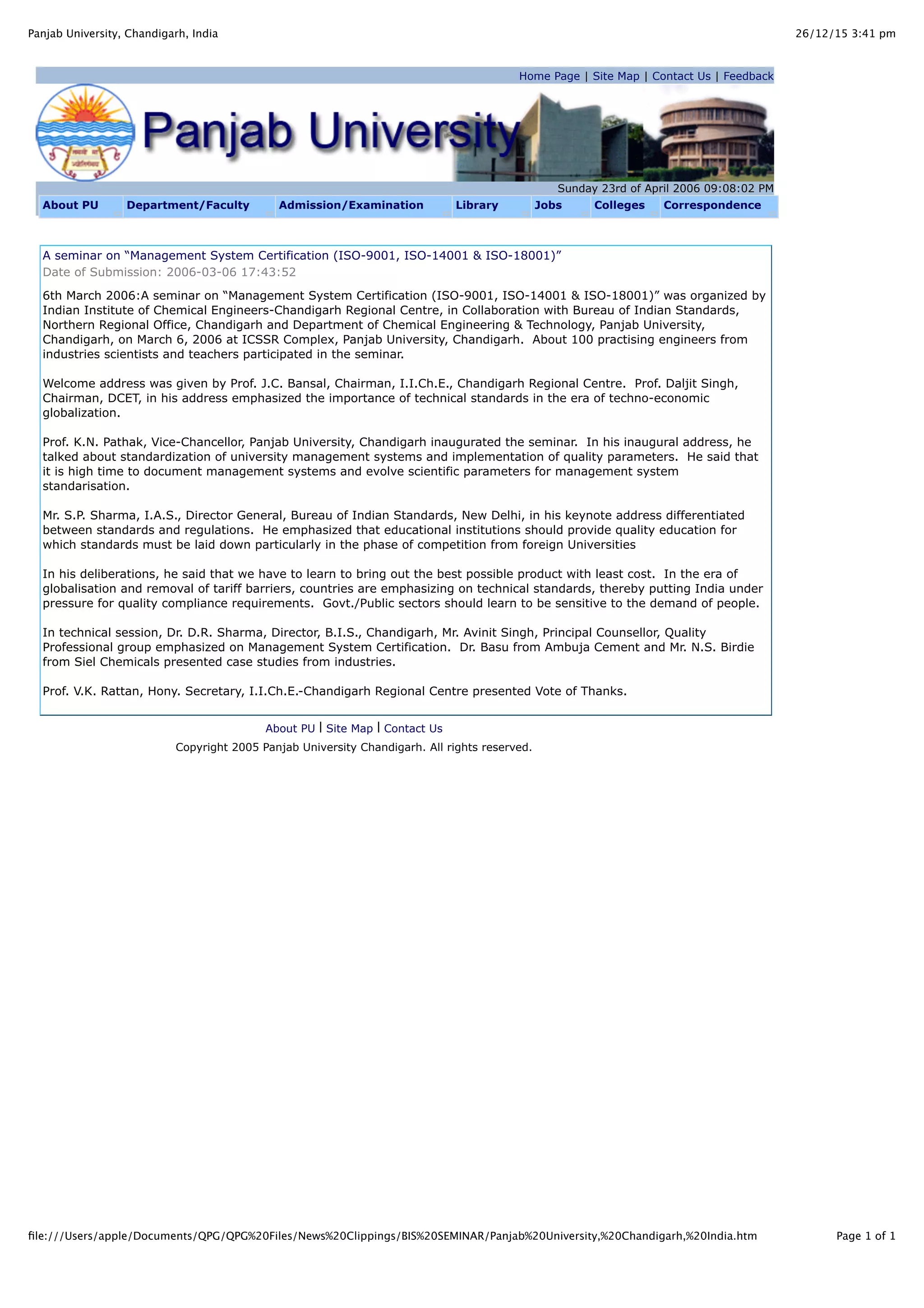 Panjab University, Chandigarh, India | PDF