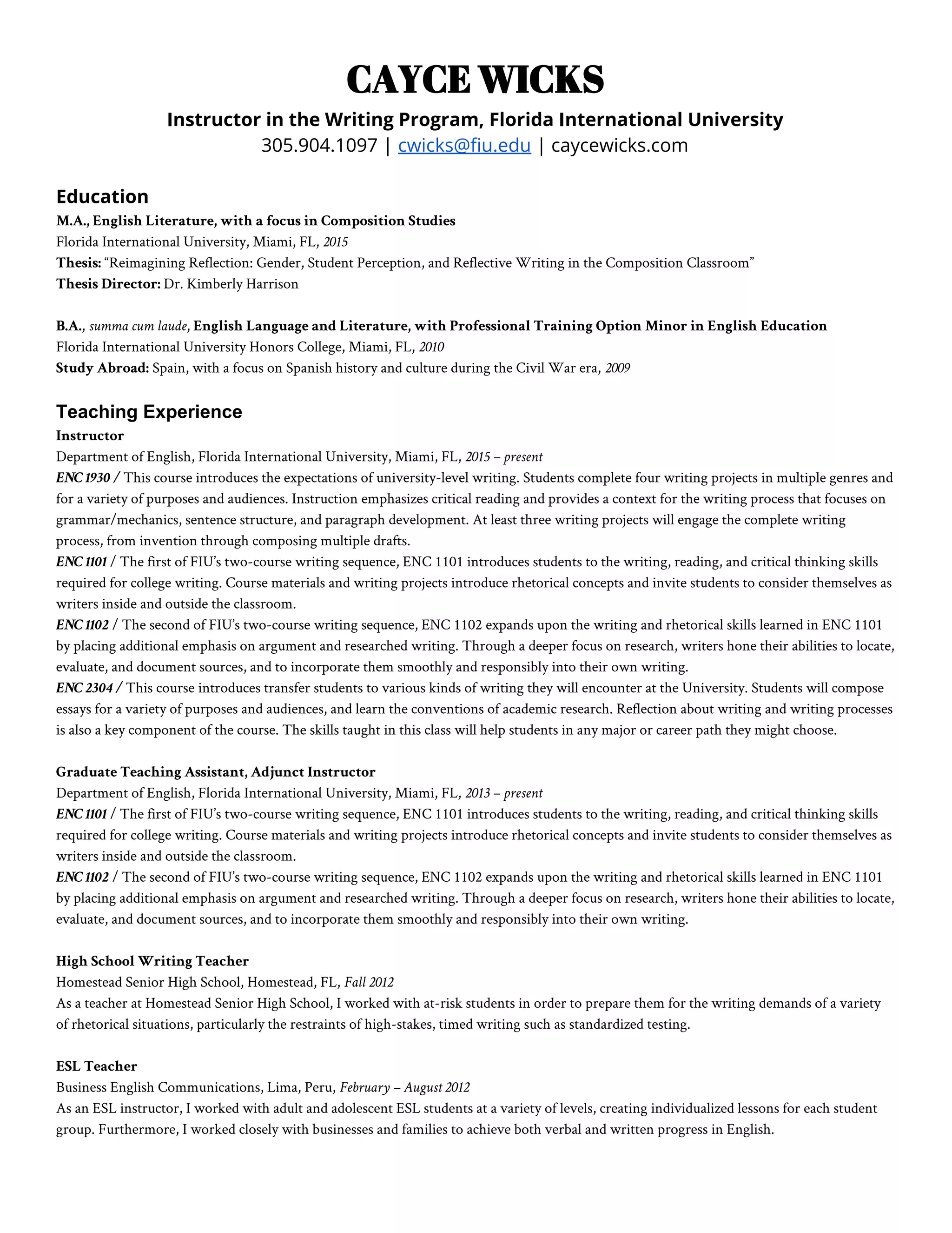 CurriculumVitae-CayceWicks | PDF