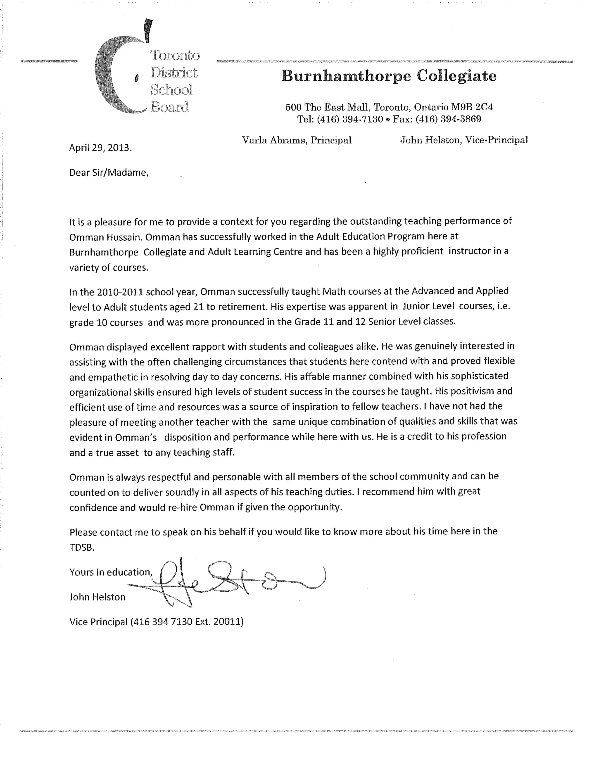 Burnhamthorpe reference letter | PDF