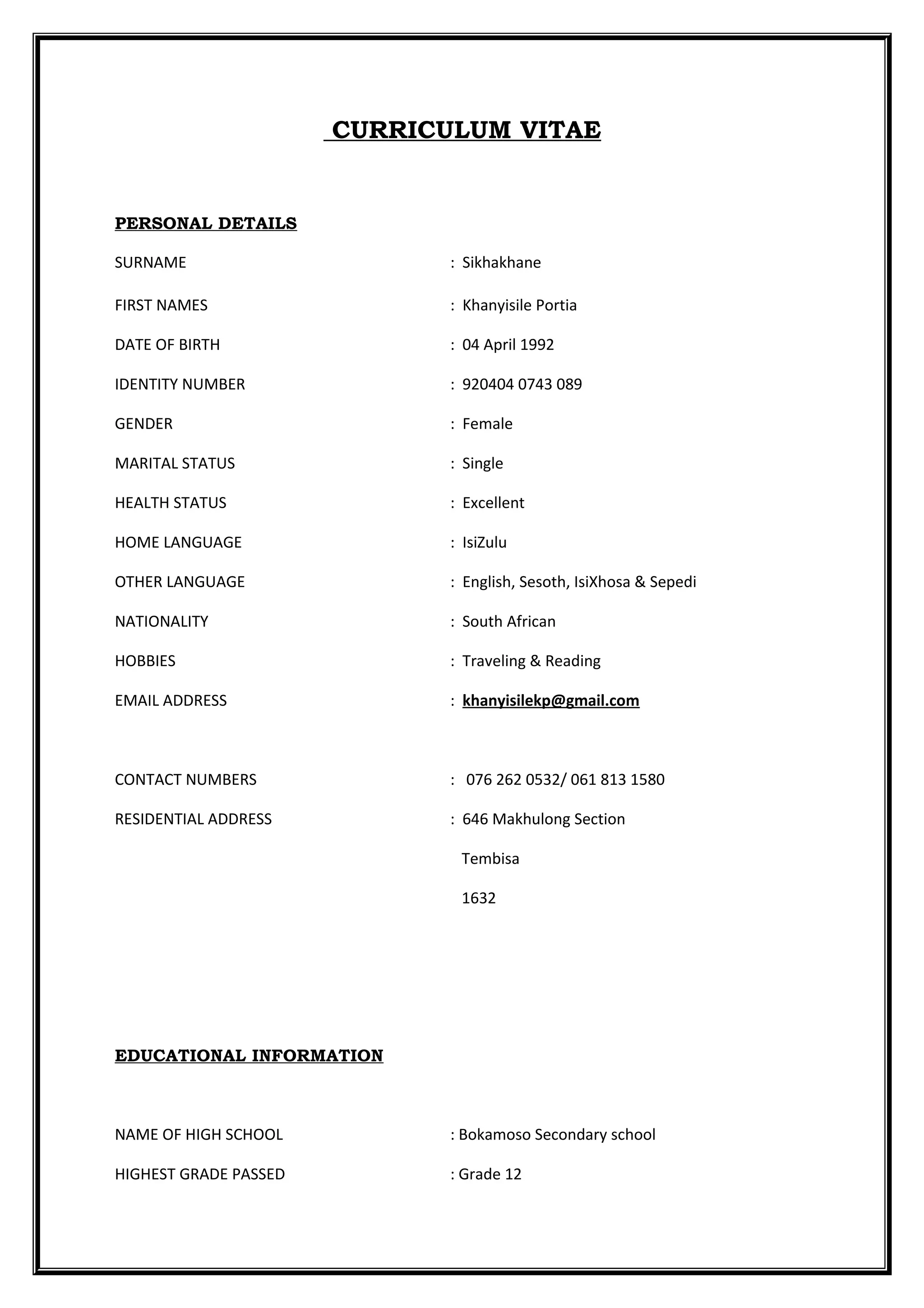 CURRICULUM VITAE of Khanyisile Portia | DOC