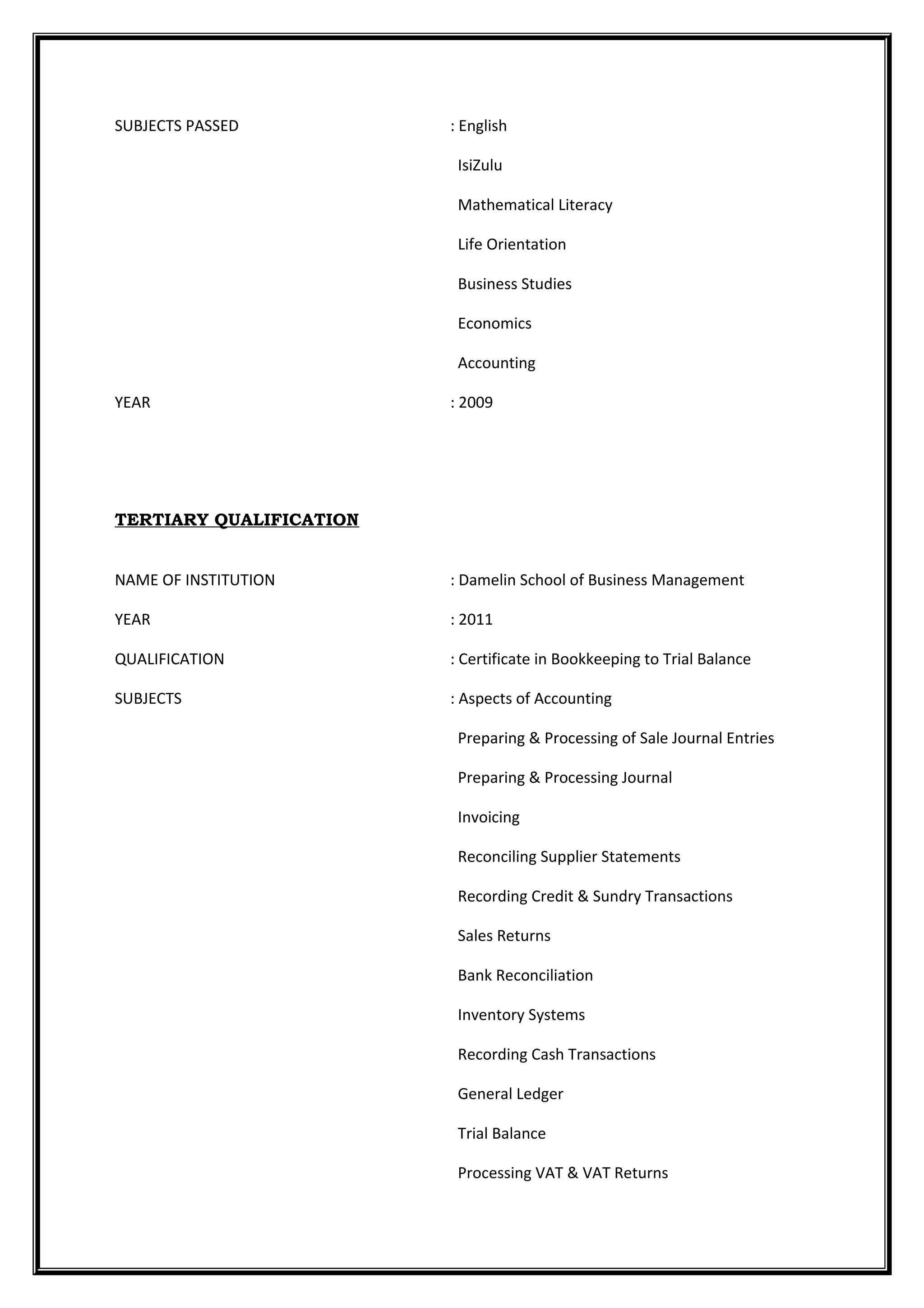 CURRICULUM VITAE of Khanyisile Portia | DOC