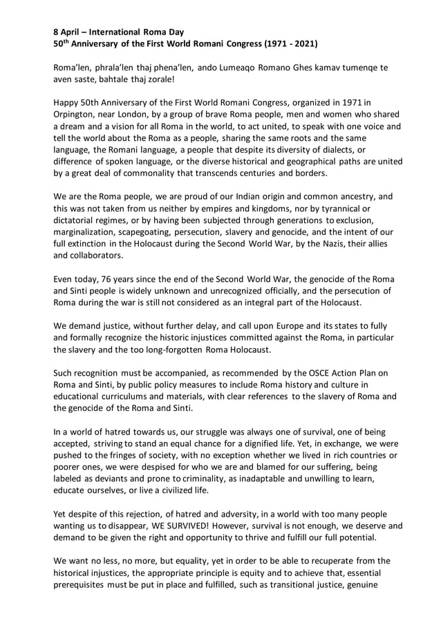 8 April - International Roma Day - speech Dan Doghi | PDF