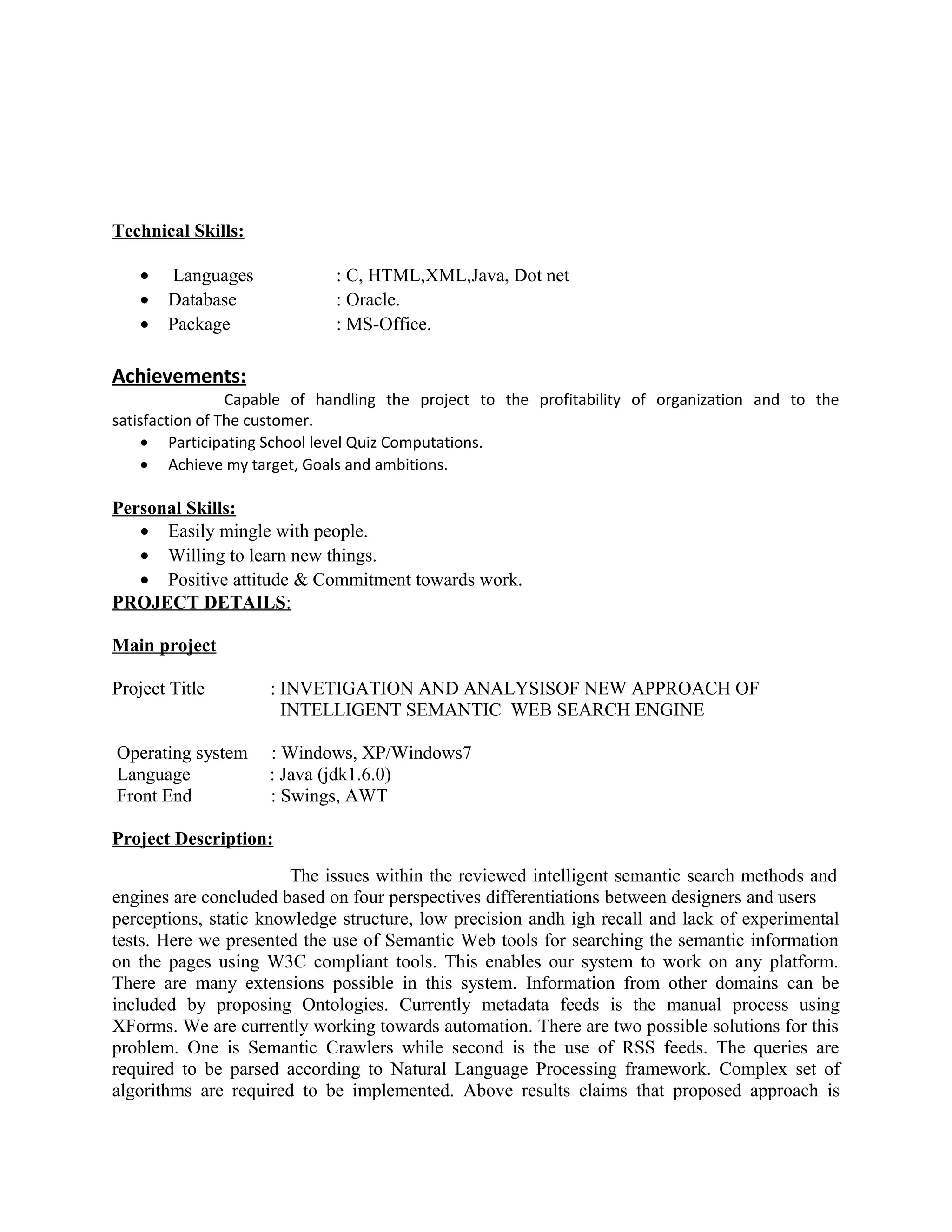 sardar mca resume | DOC