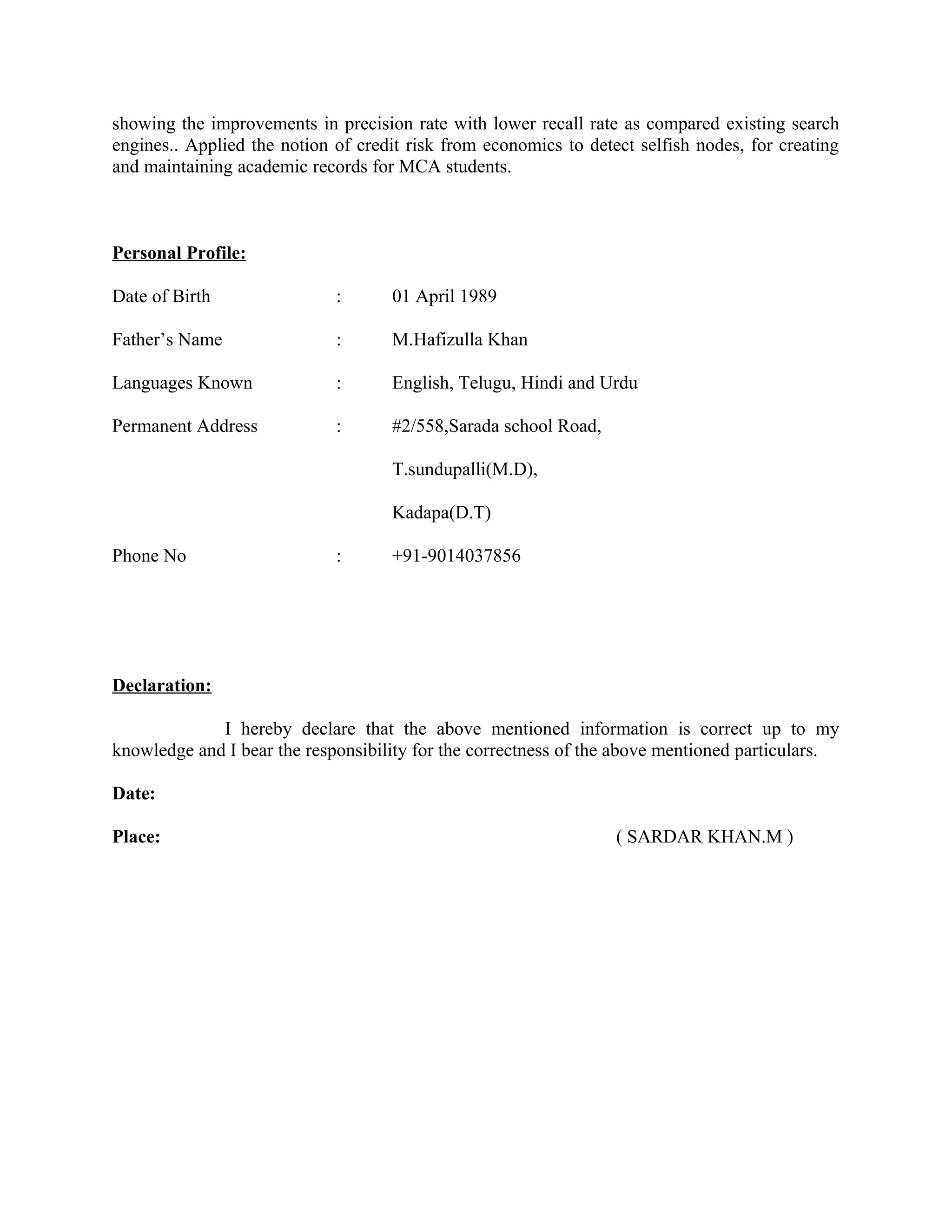 sardar mca resume | DOC