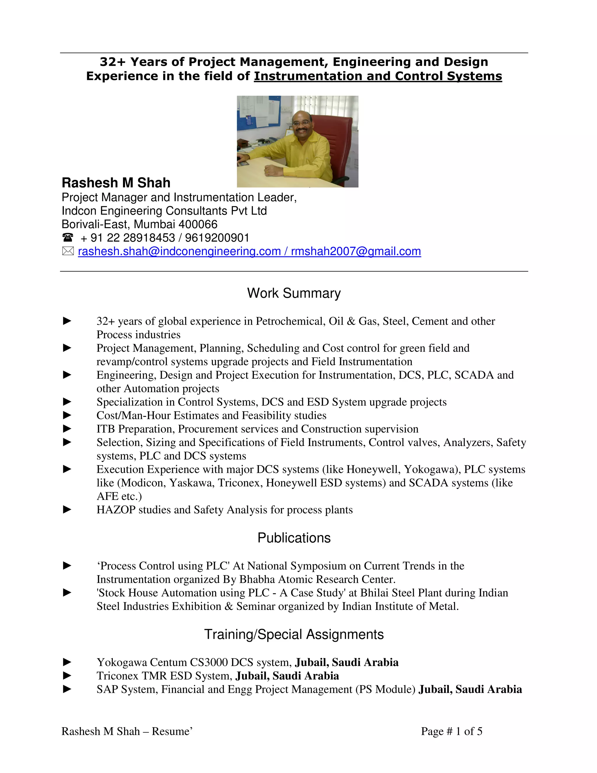 CV of Instrumentation Consultant_Rashesh Shah_32 years plus exp | PDF