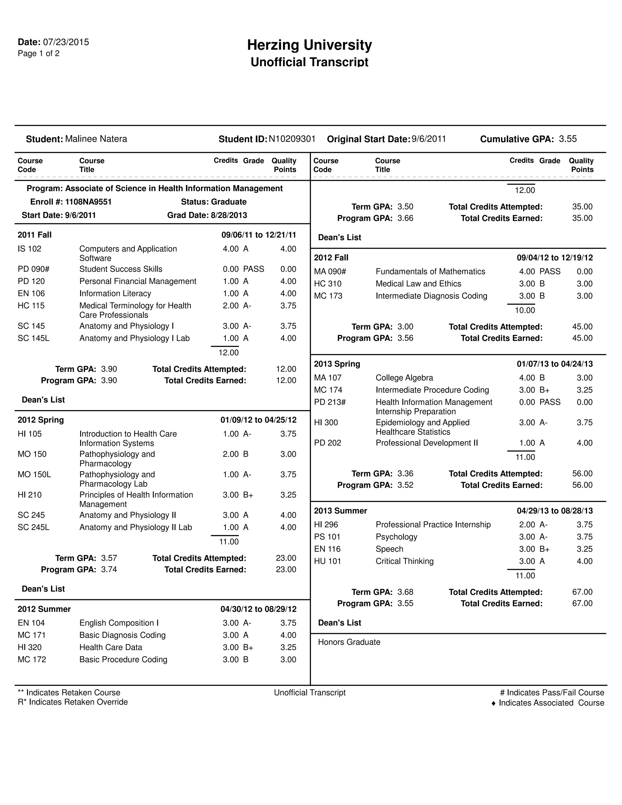 Herzing University Transcript 2013 | PDF