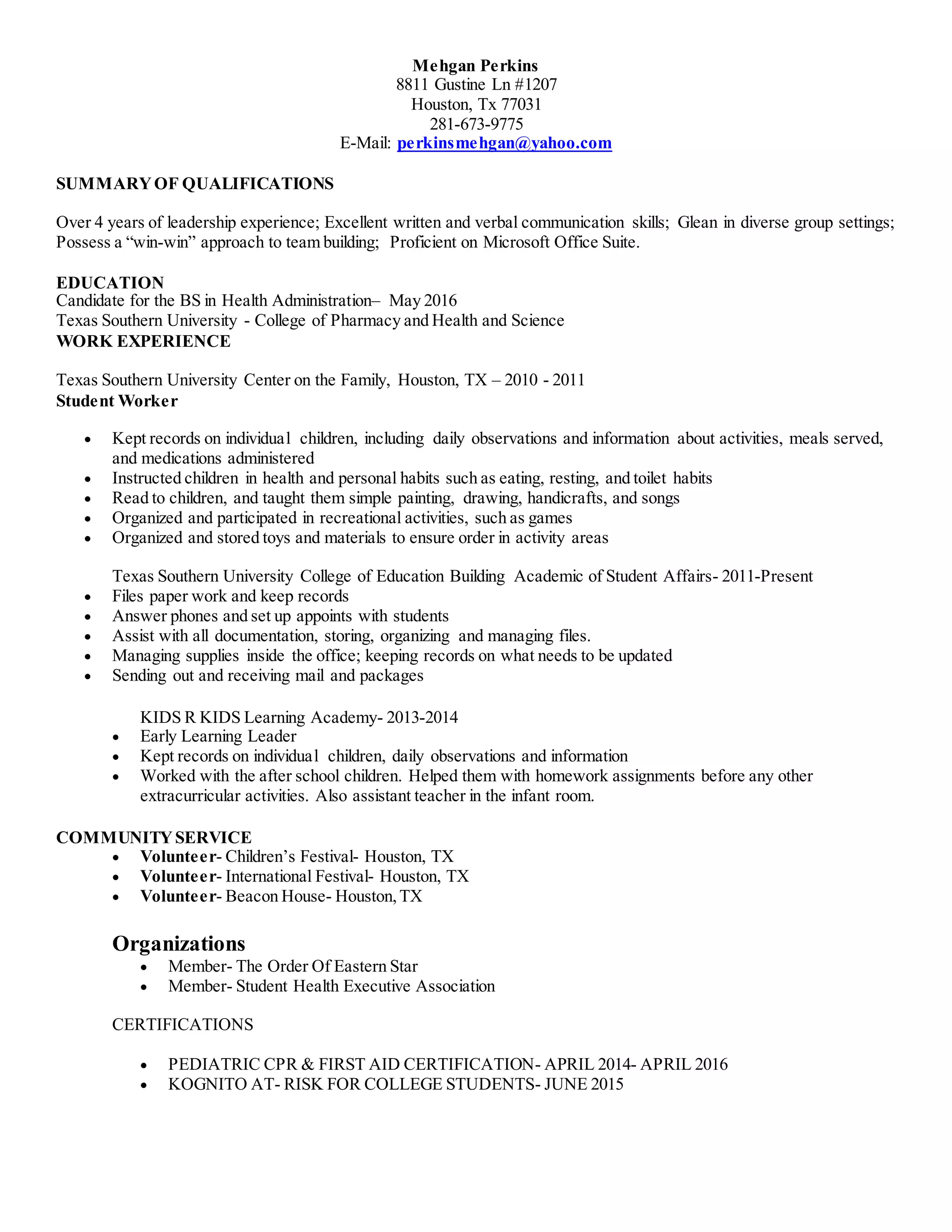 Mehgan Perkins Resume Update | DOCX | College Education | Education
