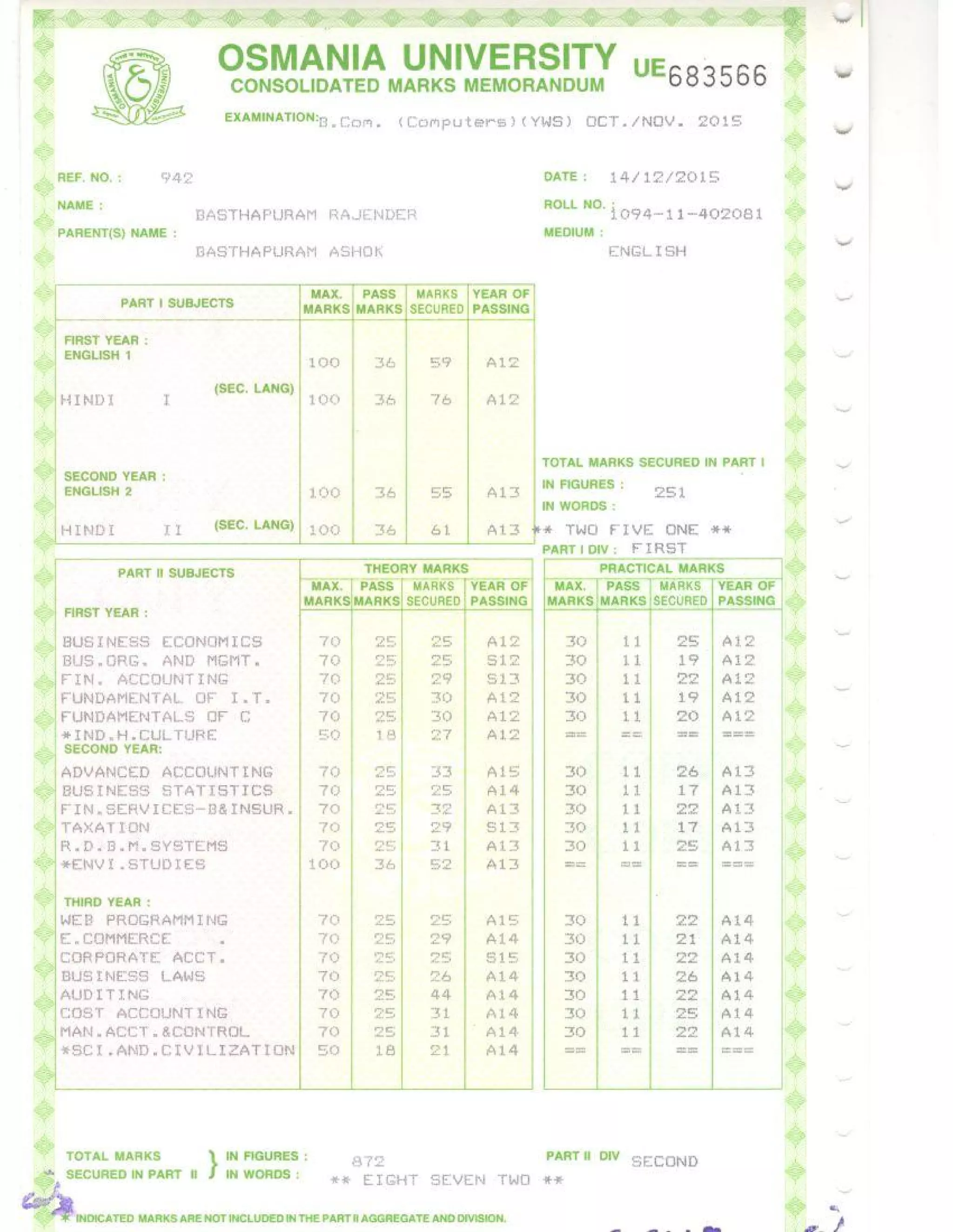 degree original marks sheet | PDF