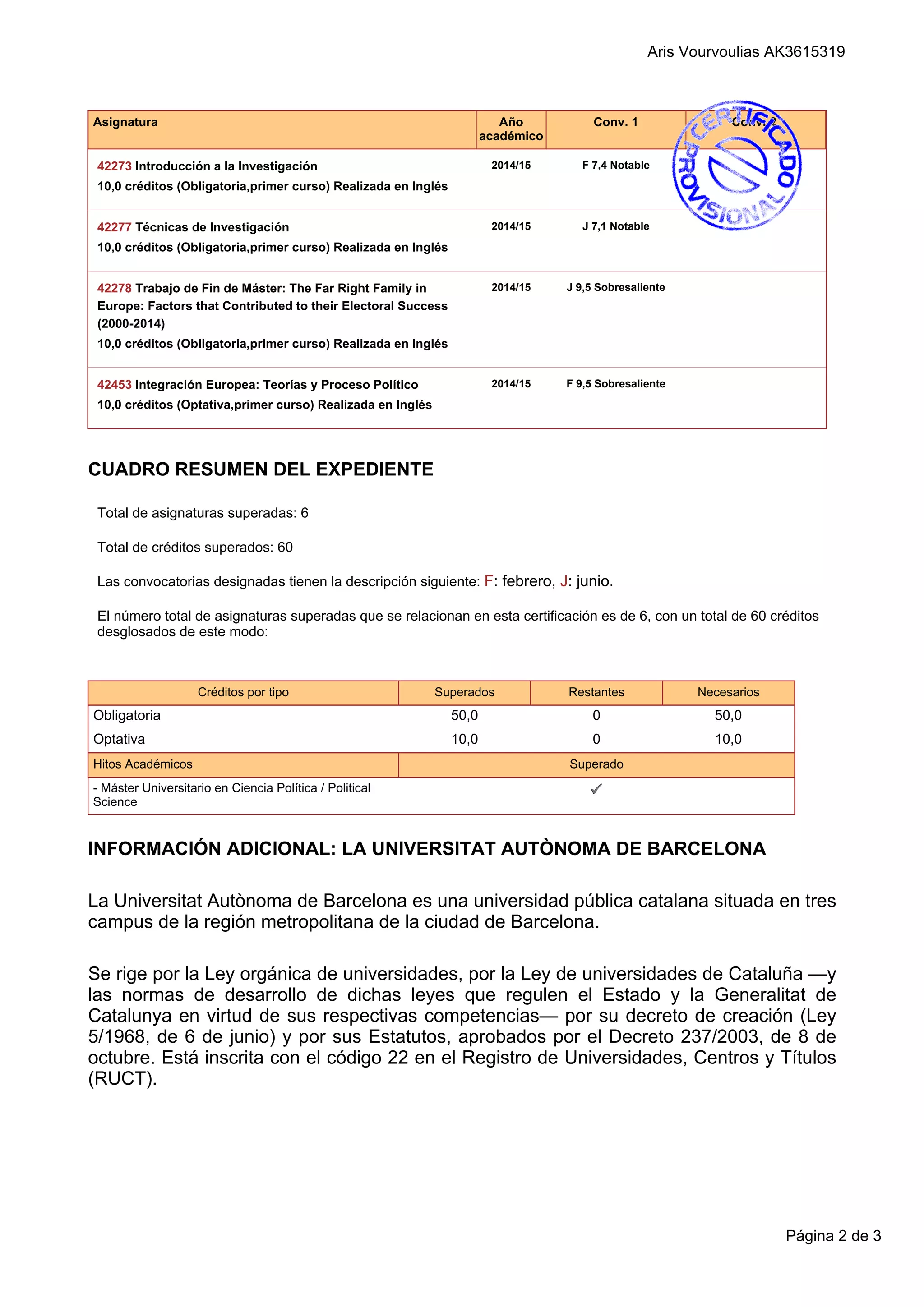 Master Degree Autonomous University of Barcelona | PDF
