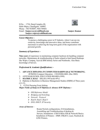 Sanjeev_Kumar_Resume | DOC | IT and Internet Support | Internet