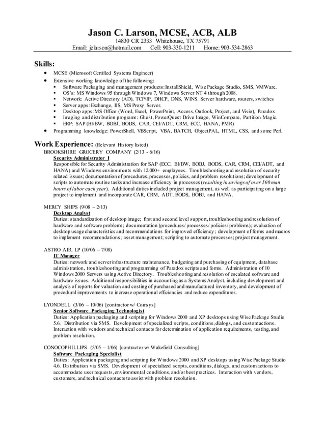 Resume for Jason Larson | DOCX | IT and Internet Support | Internet