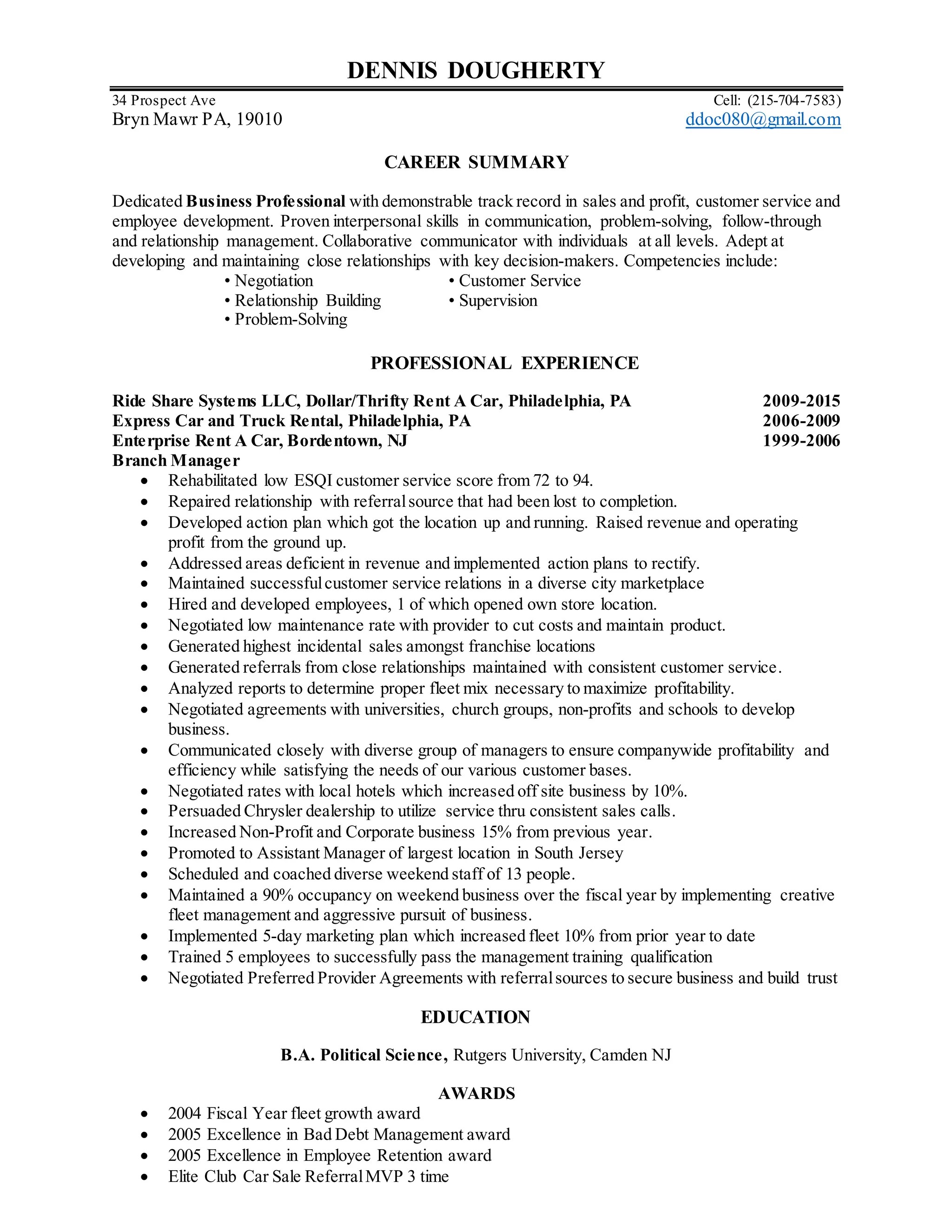 DOUGHERTY, Dennis resume 10jun15 | DOCX | Sales | Business