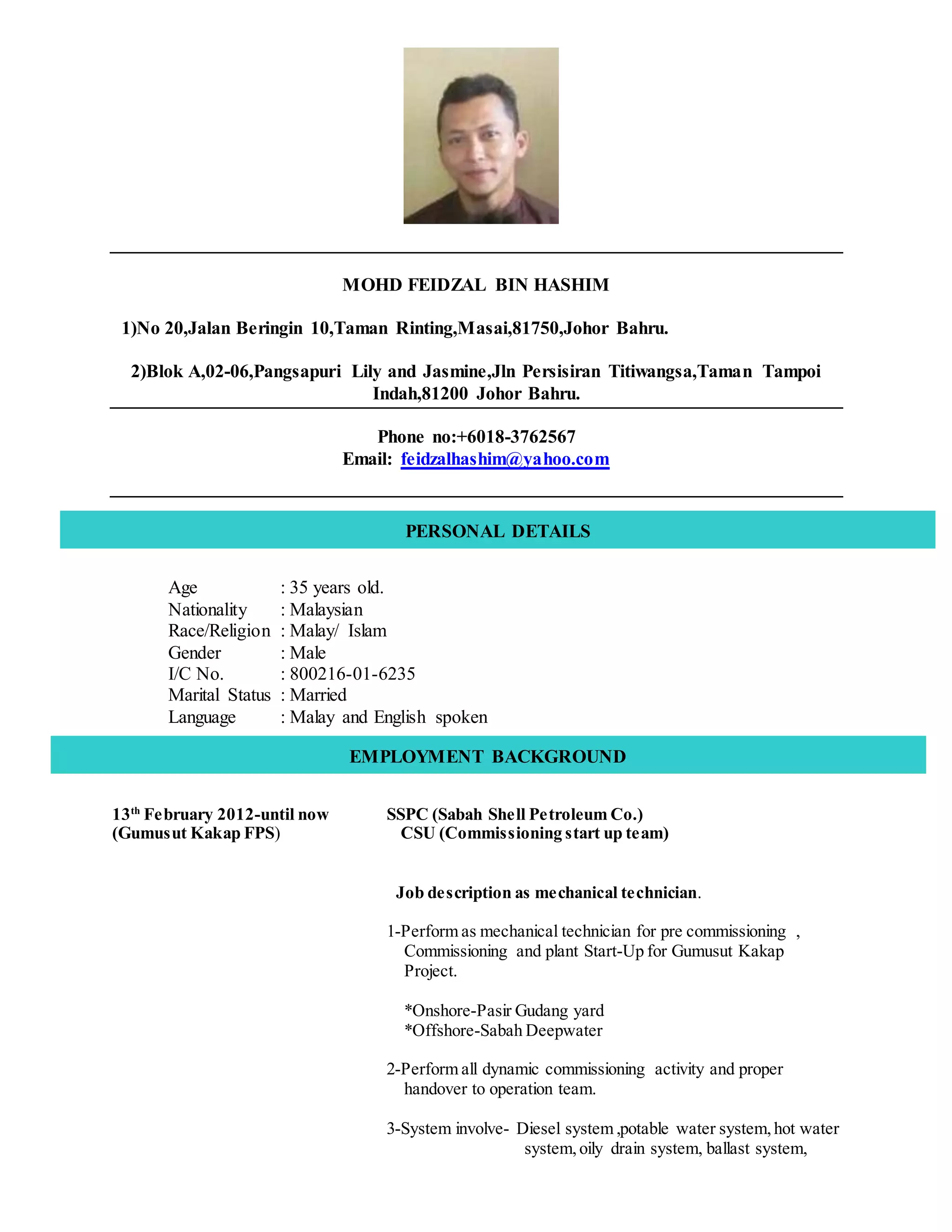 Mohd Feidzal bin Hashim cv | DOCX