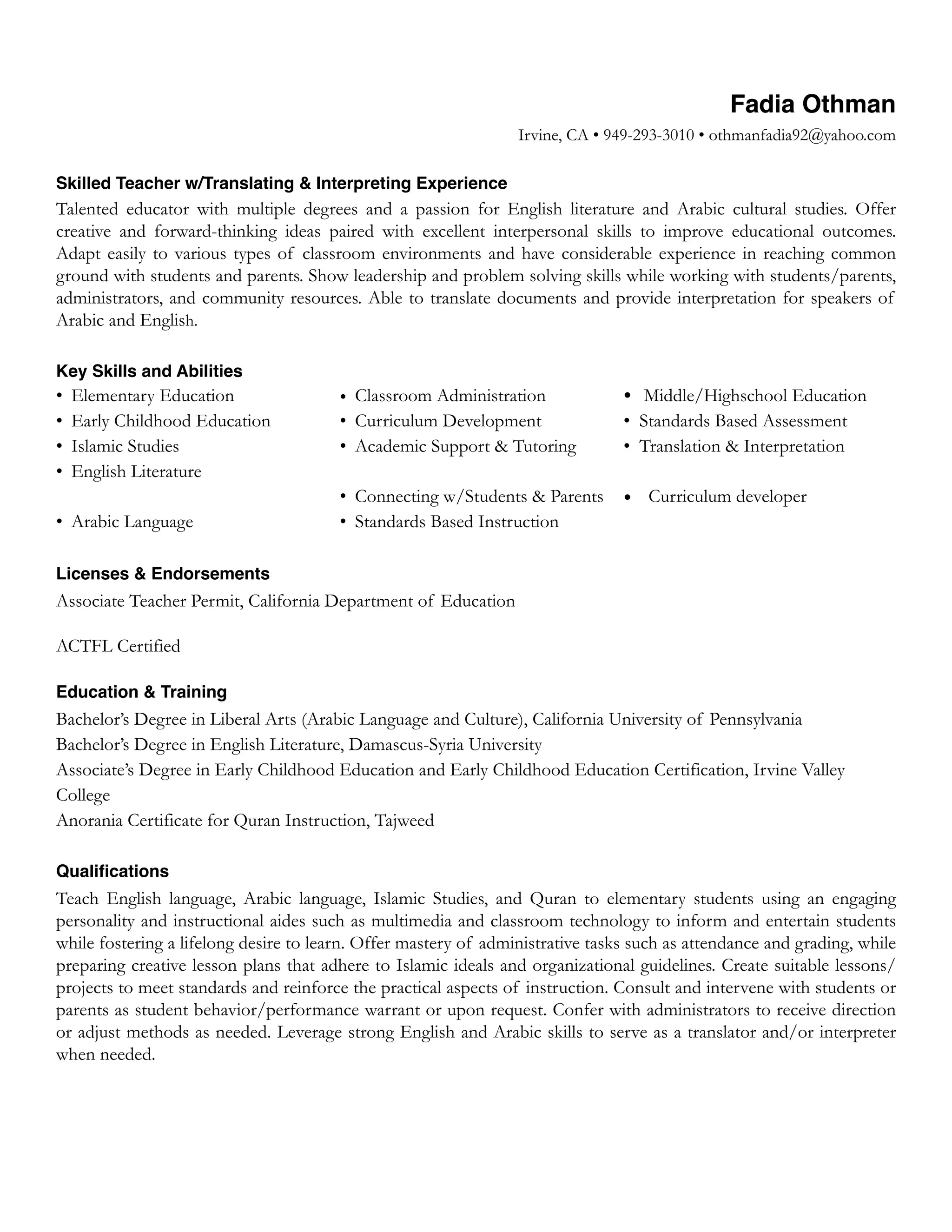 Fadia Othman Resume DOC | PDF