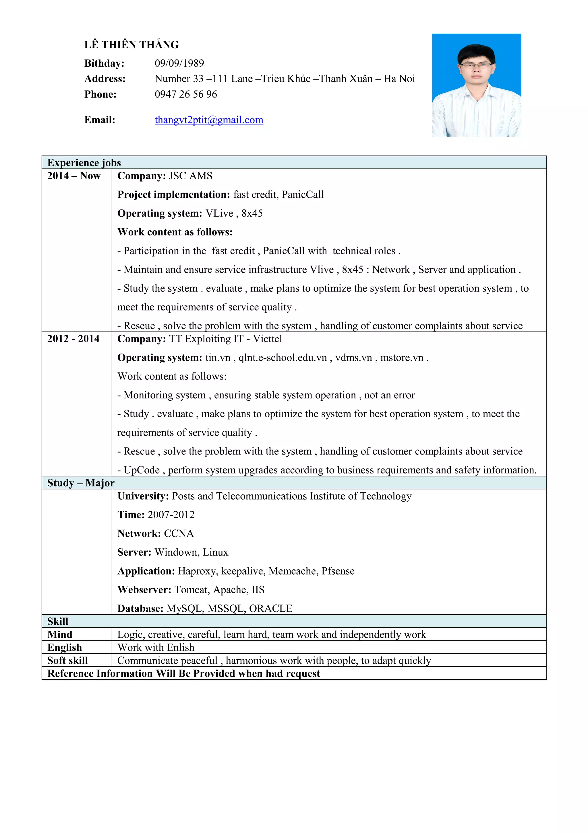CV - Le Thien Thang - ENG | DOC | Computing | Technology & Computing