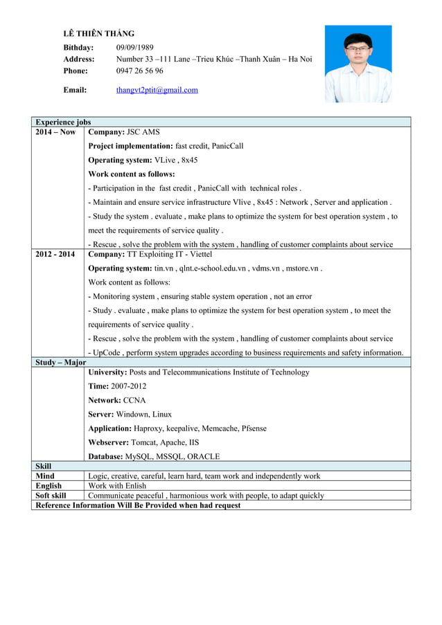 CV - Le Thien Thang - ENG | DOC | Computing | Technology & Computing