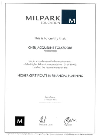 Certificate - Higher Certificate in Financial PlanningNQF5 | PDF