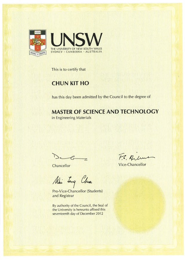 UNSW Certificate (MScTech)