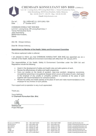 [Letter of Appointment] Chemsain Konsultant Sdn. Bhd. - Member of the ...