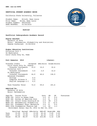 Unofficial Transcript CSUF 2015 | PDF
