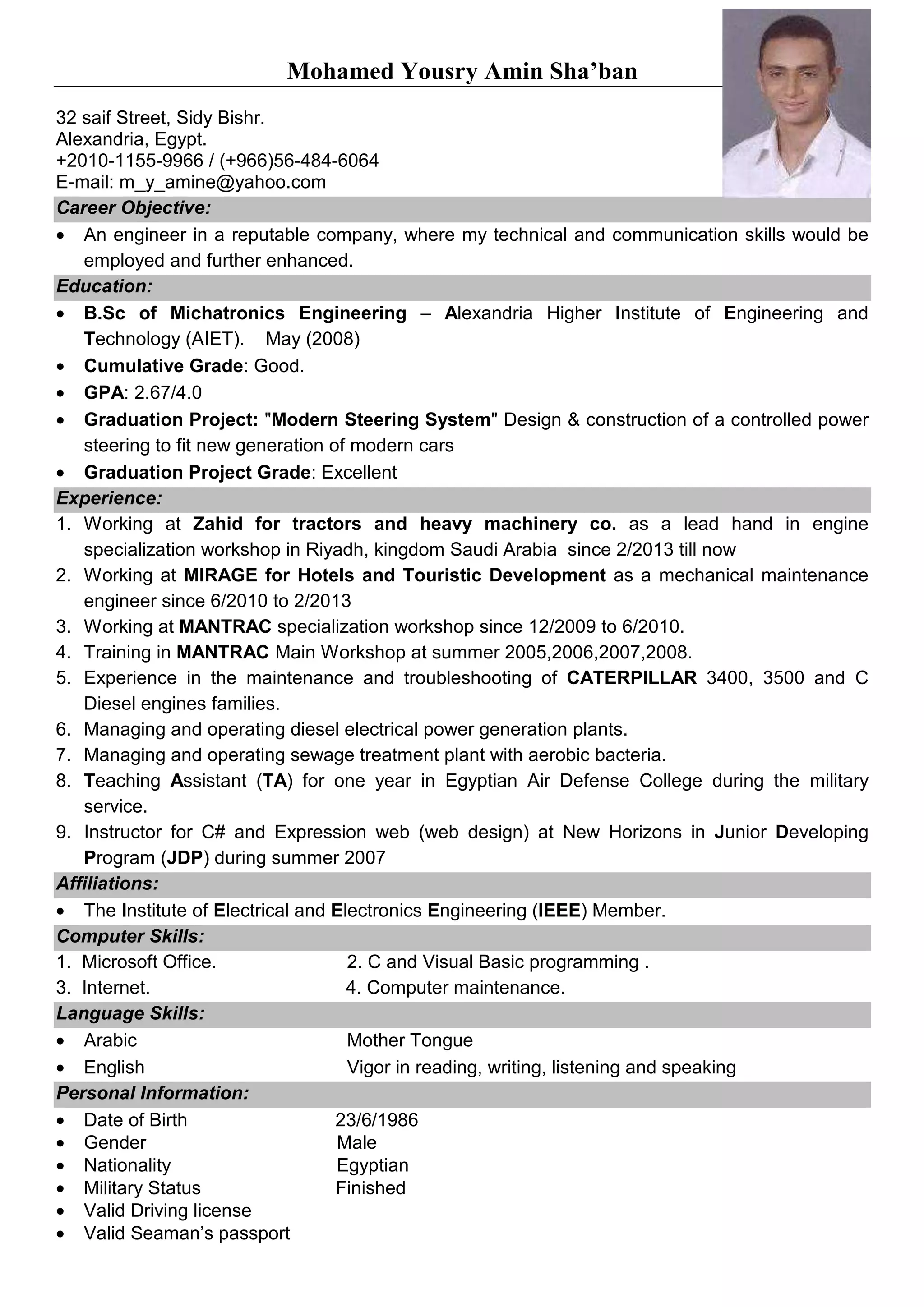 mohamed yousry cv | PDF | Civil Engineering Industry | Industries