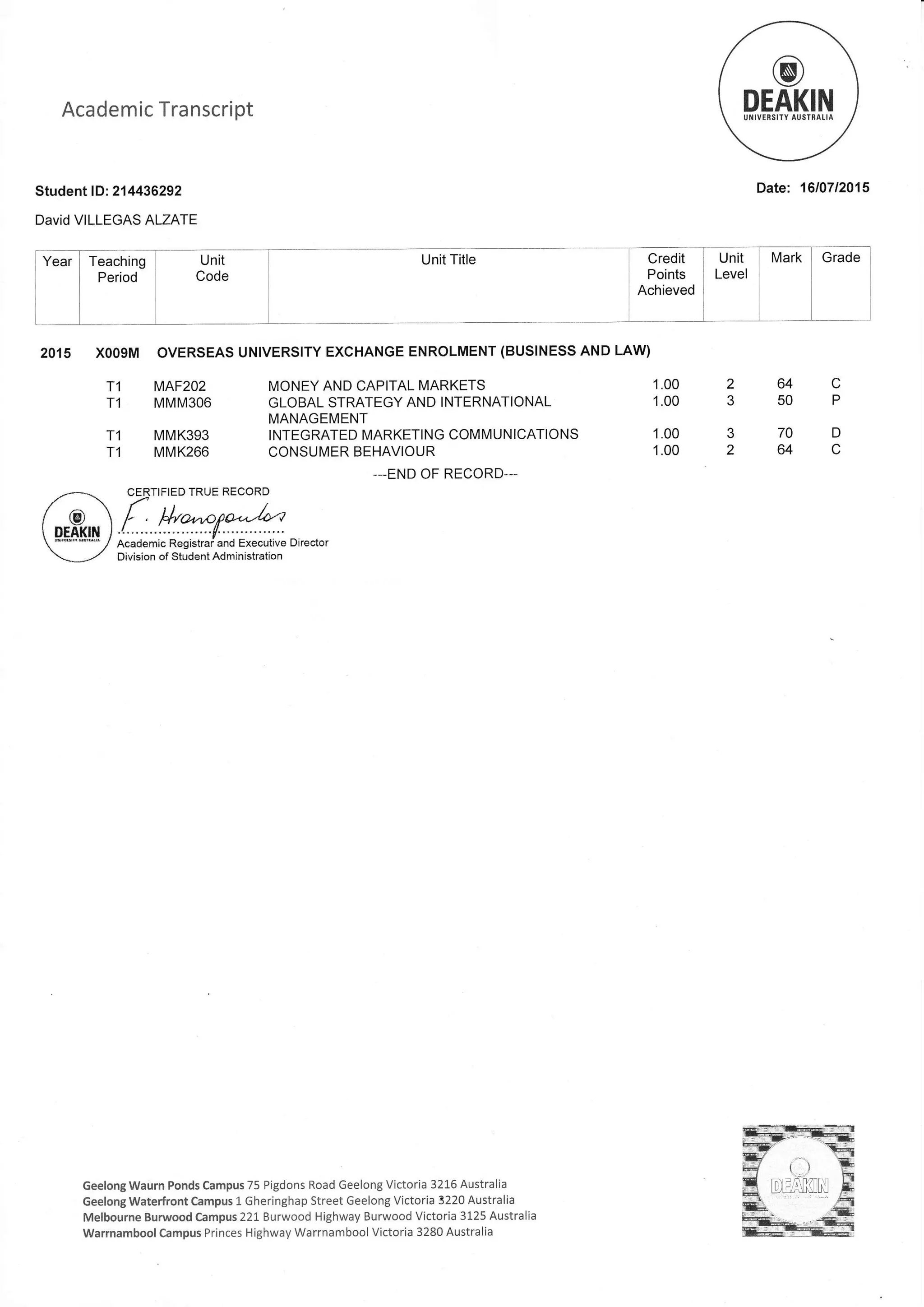 Transcript Deakin_David Villegas Alzategrades | PDF