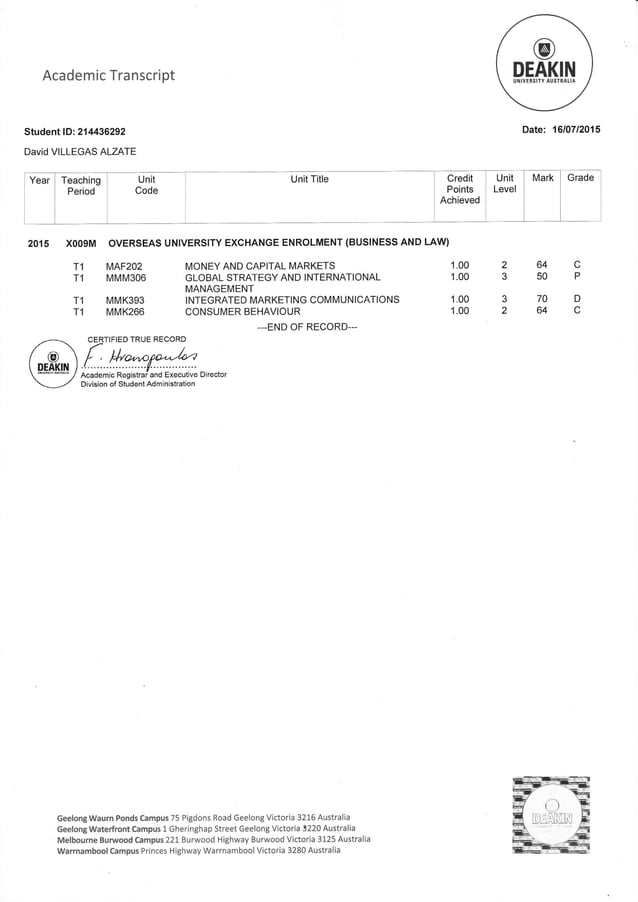 Transcript Deakin_David Villegas Alzategrades | PDF