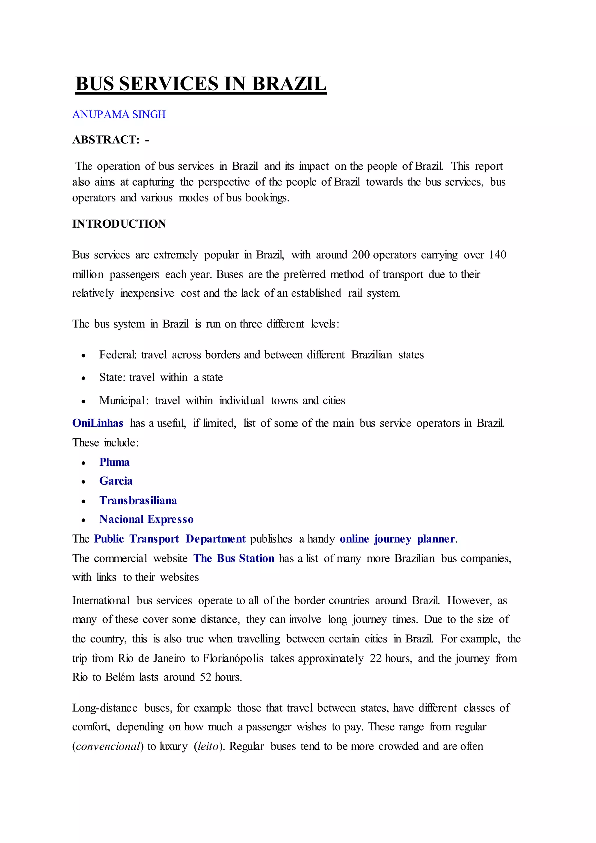 BUS SERVICES IN BRAZIL FINAL REPORT | PDF