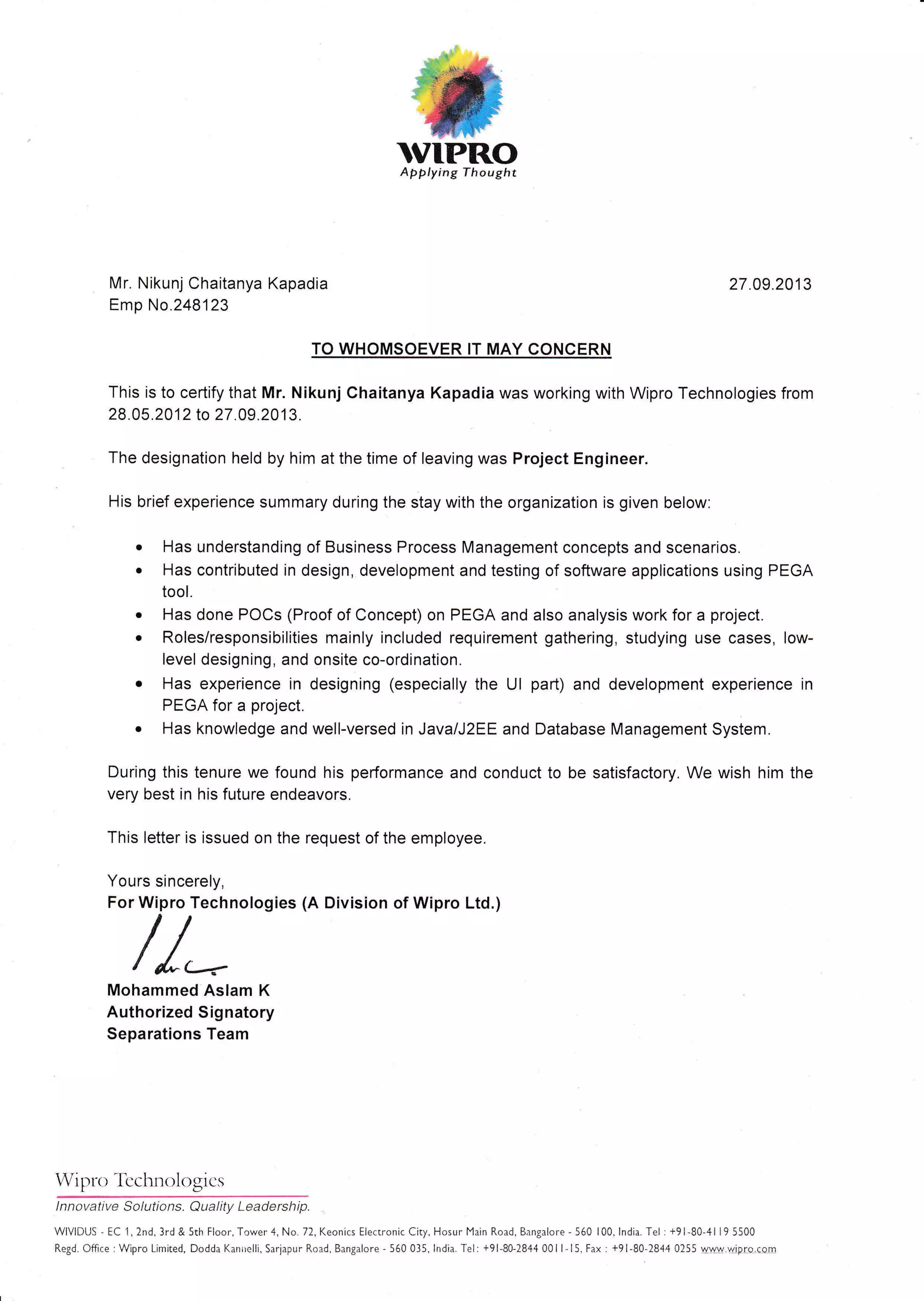 Wipro Experience Letter | PDF