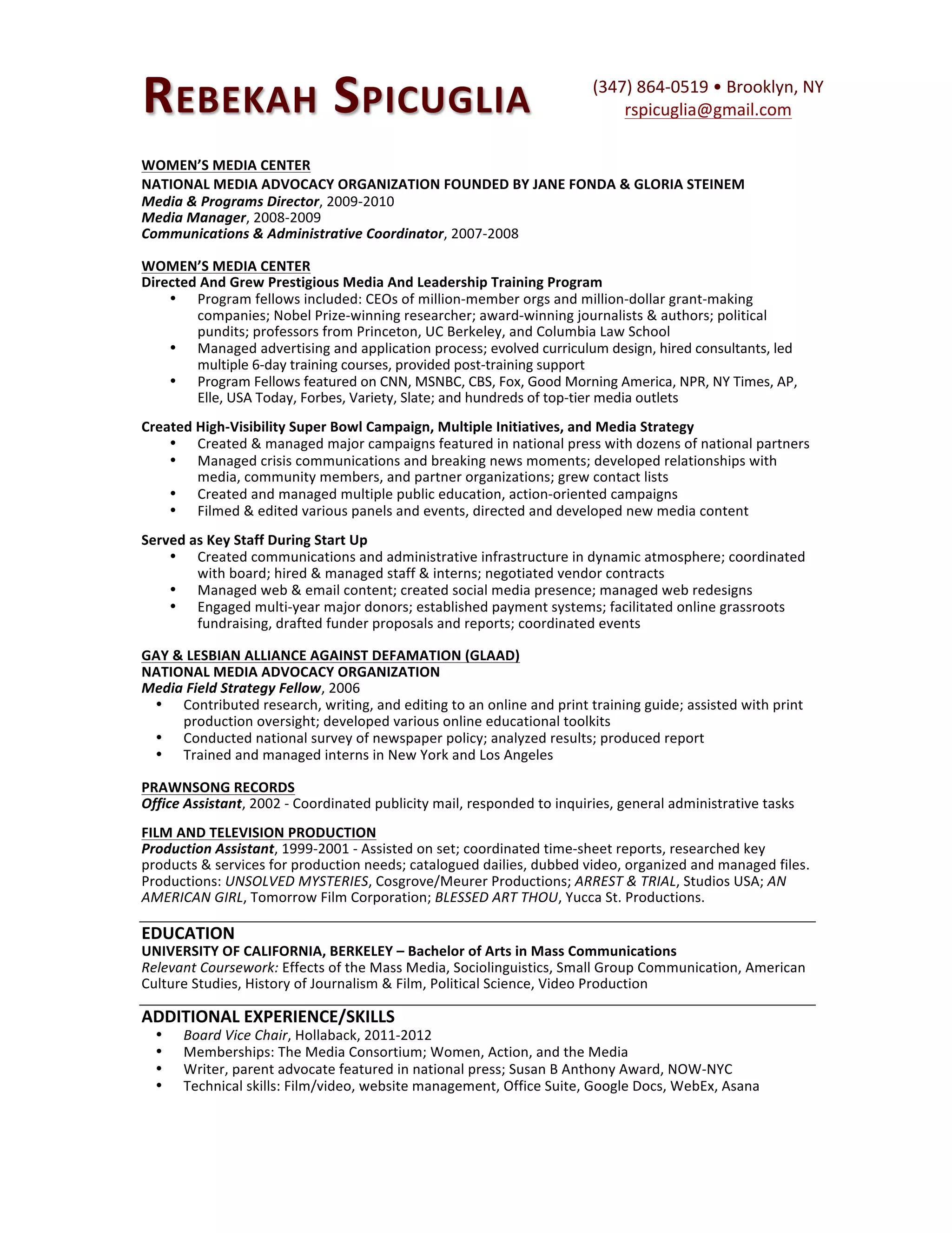 Rebekah Spicuglia_Resume 2016 | PDF | Media Industry | Industries