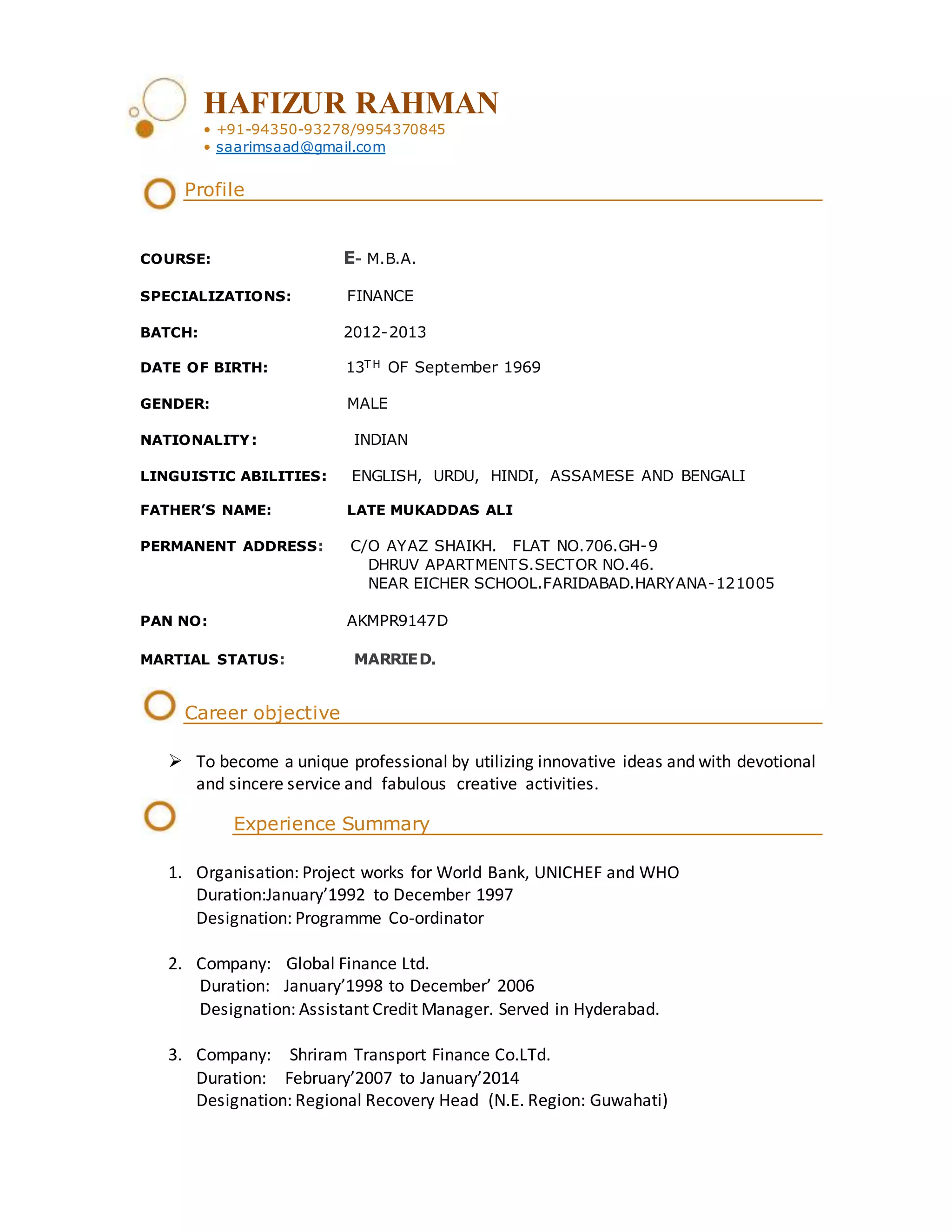 HAFIZUR RESUME | DOCX | Government Support and Welfare | Financial Assistance