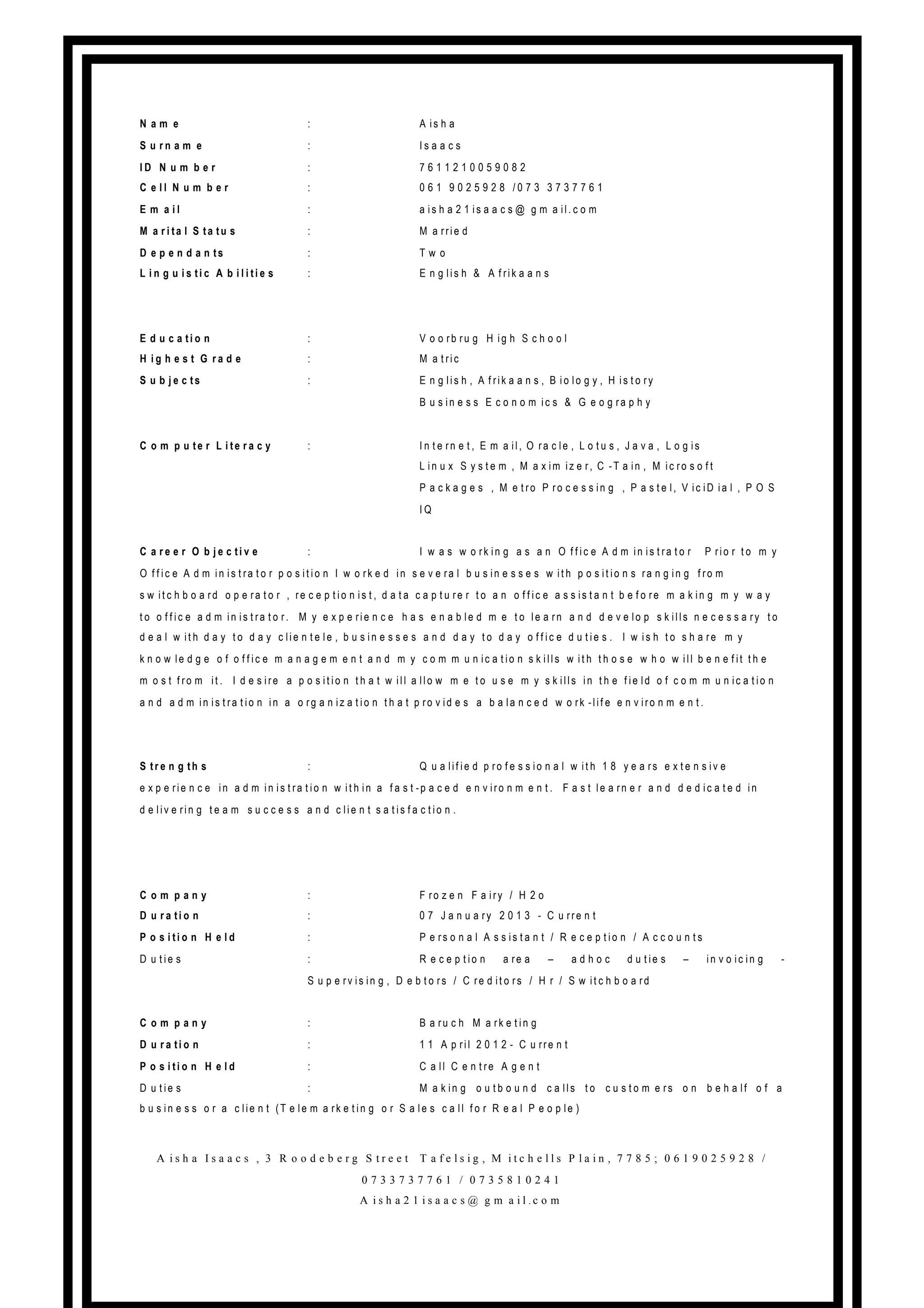 Aisha_Isaacs_updated_cv | PDF | Resume Writing and Advice | Job Search