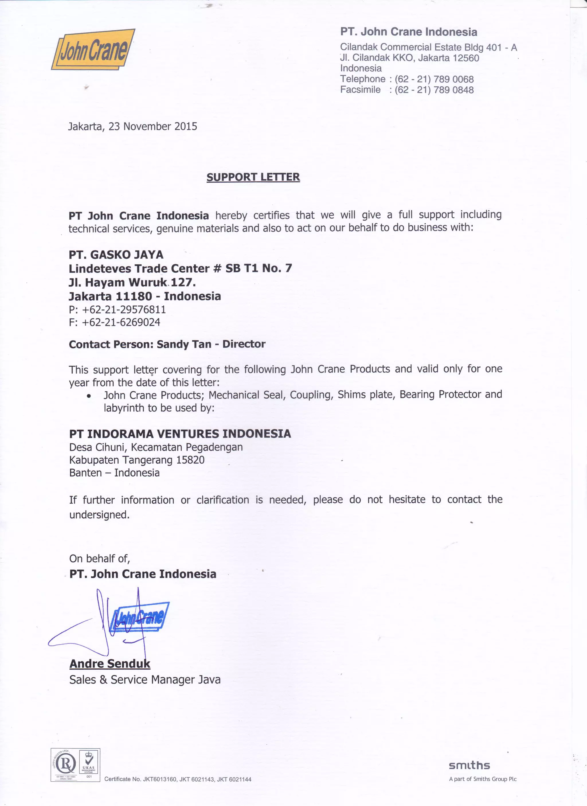 surat keagenan PT Gasko Jaya John Crane | PDF
