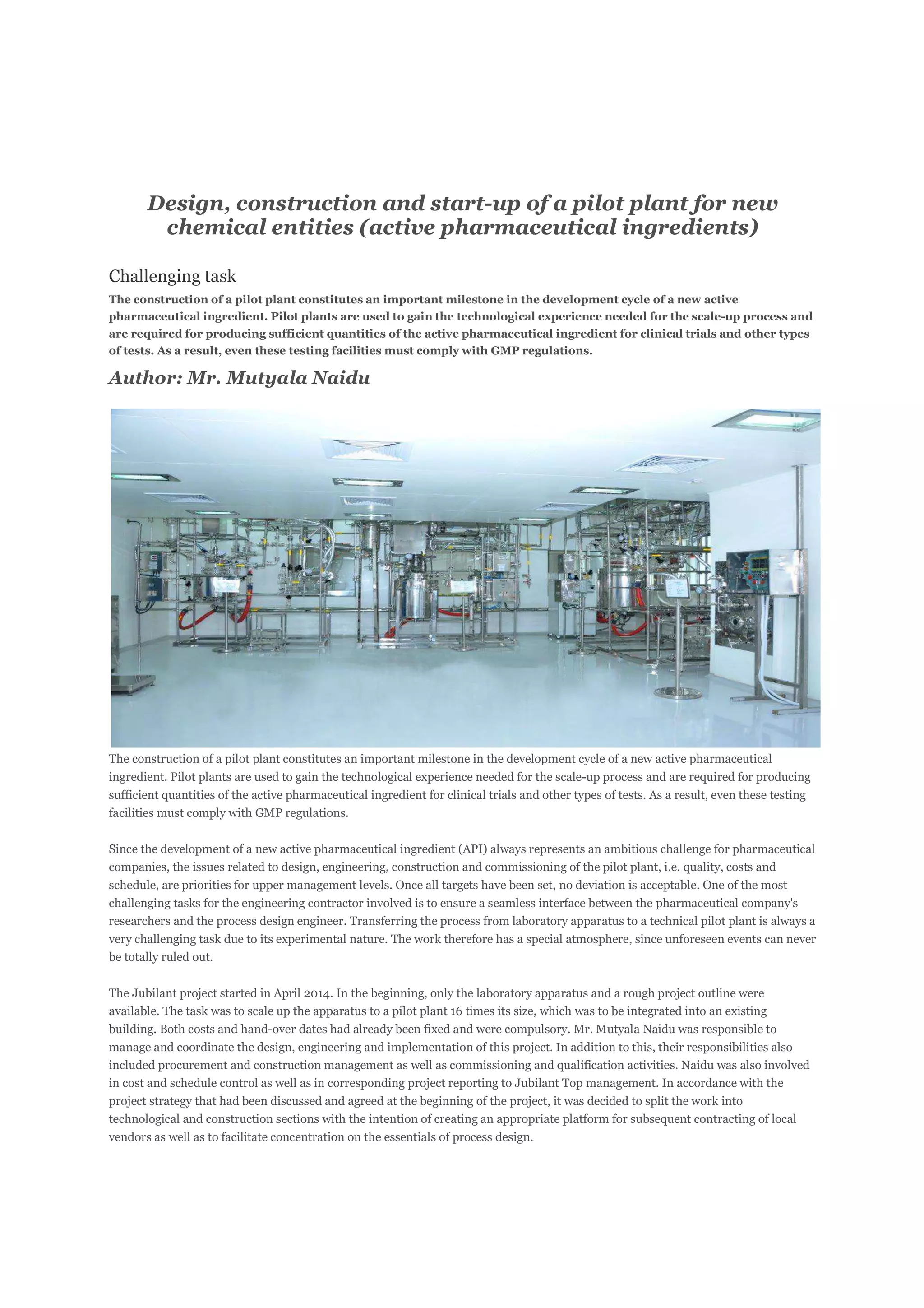 Design,construction of Pilot plant for NCEs | PDF